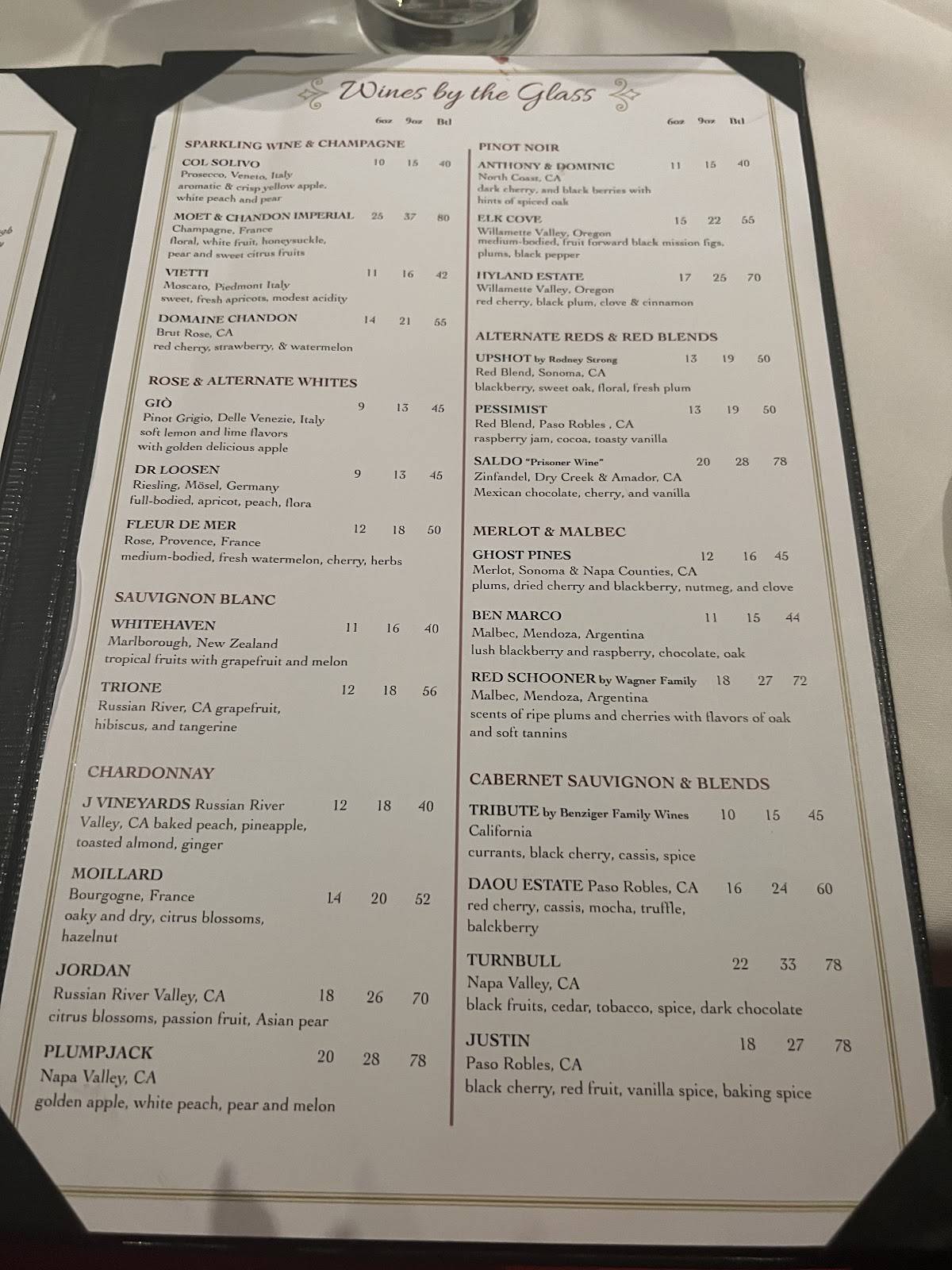 Menu at Ray's on the River steakhouse, Sandy Springs