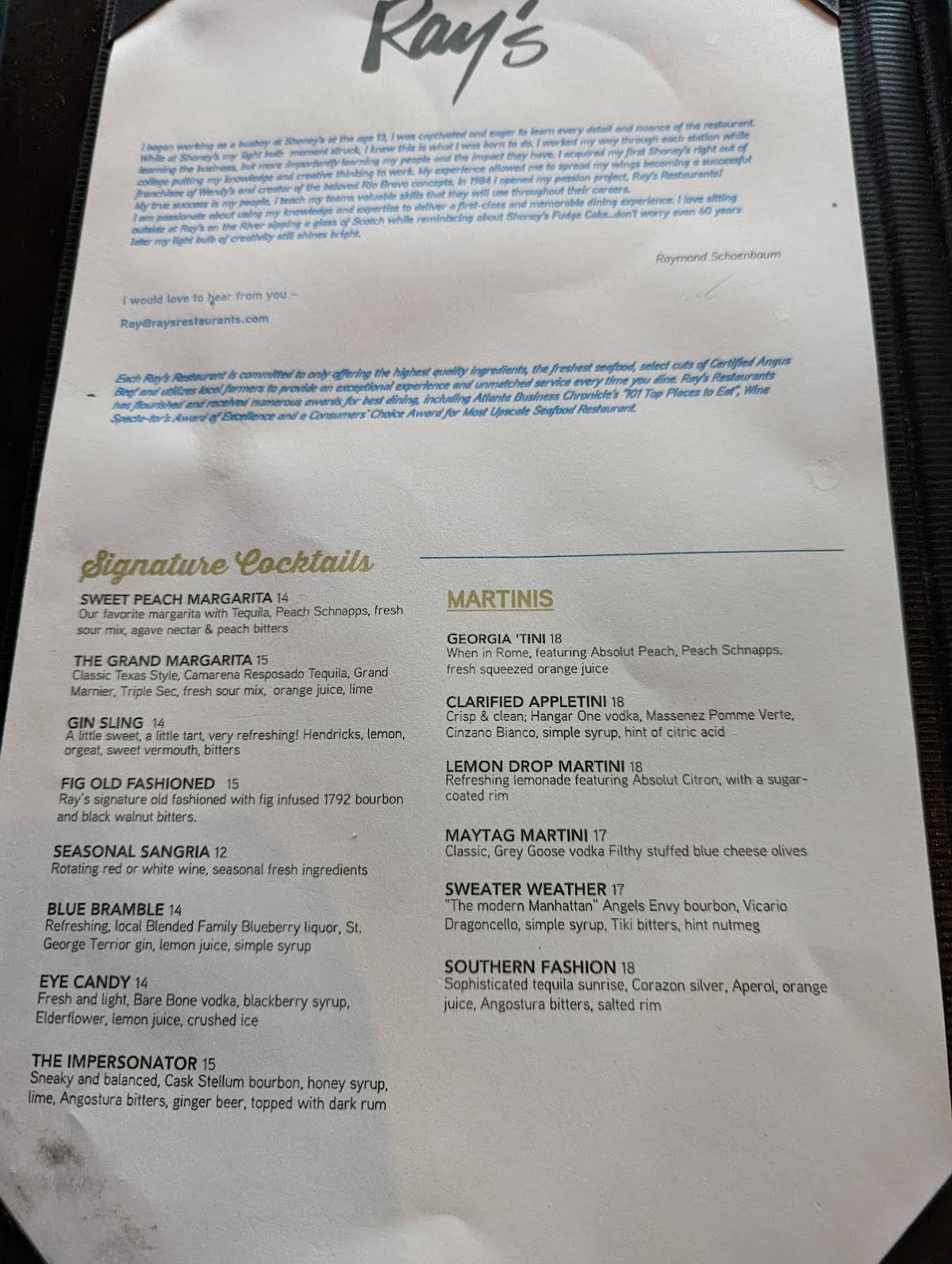 Menu at Ray's on the River steakhouse, Sandy Springs