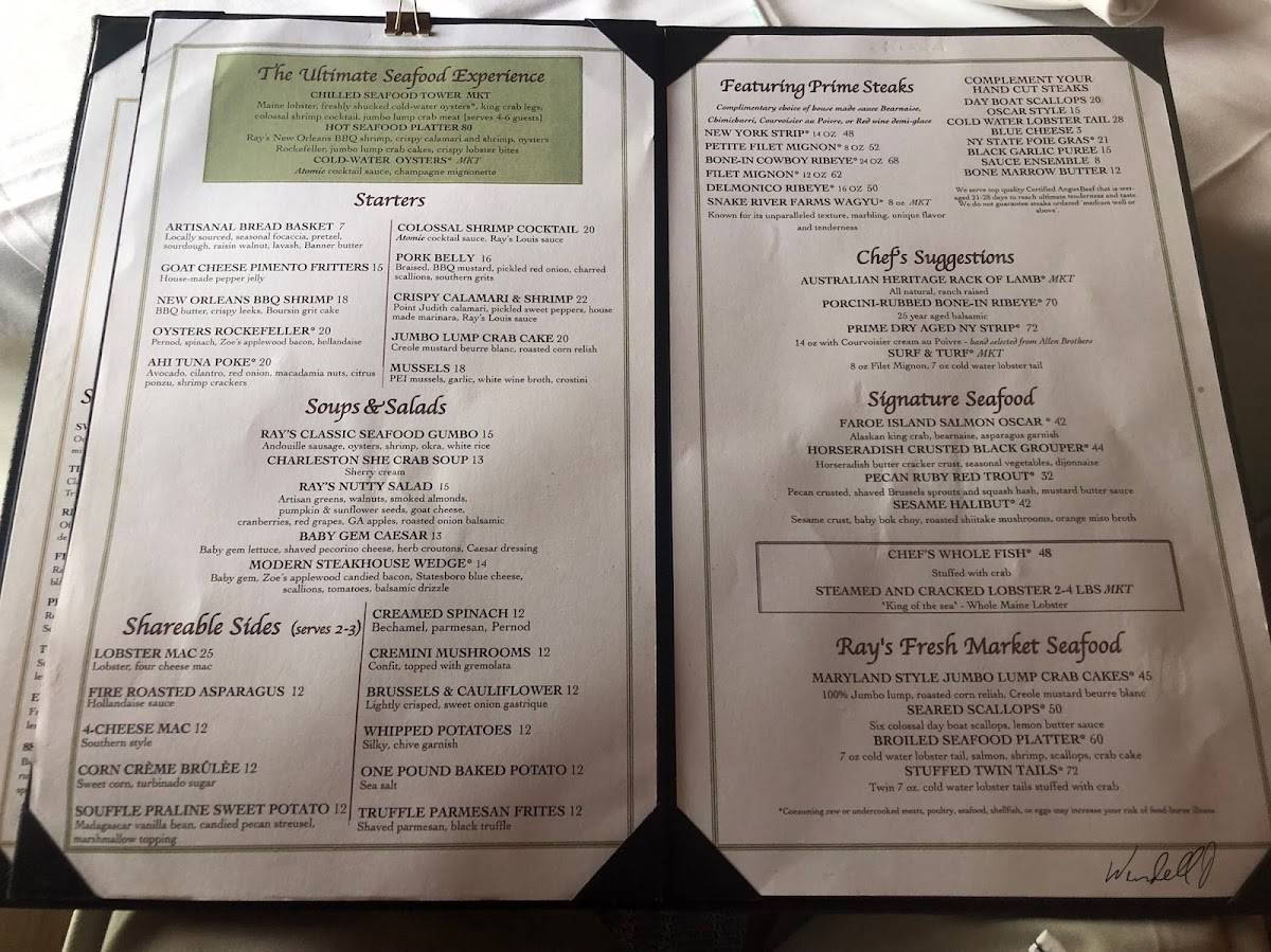 Menu at Ray's on the River steakhouse, Sandy Springs