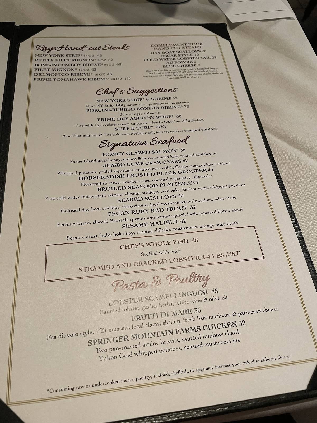 Menu at Ray's on the River steakhouse, Sandy Springs