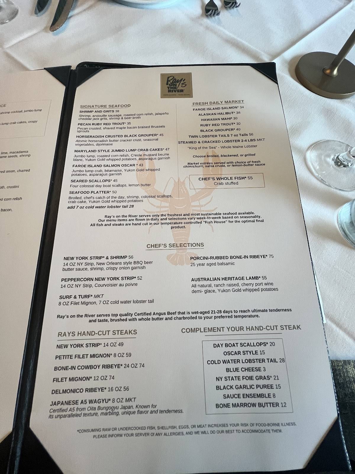 Menu at Ray's on the River steakhouse, Sandy Springs