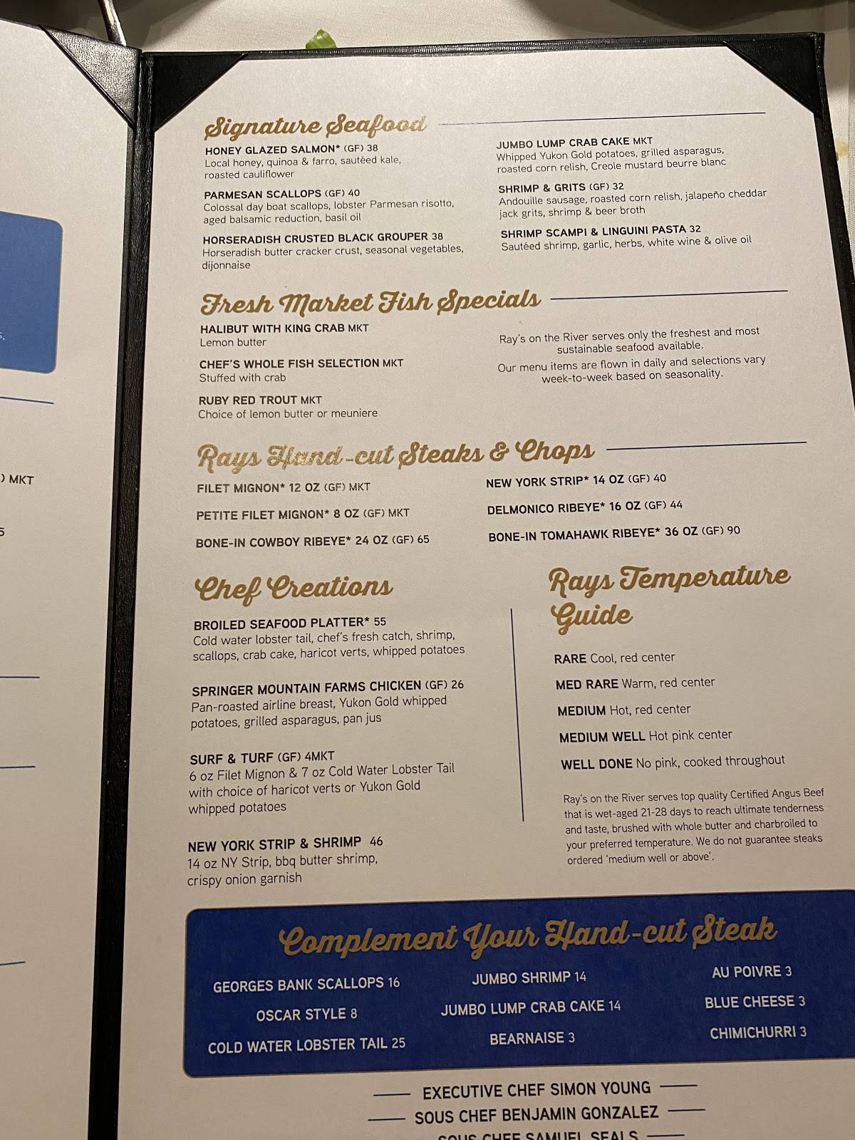 Menu at Ray's on the River steakhouse, Sandy Springs
