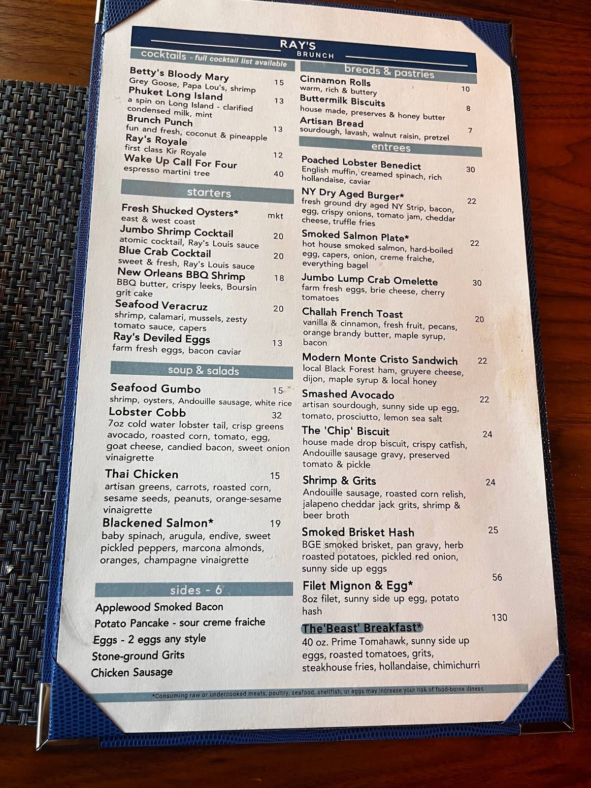 Menu at Ray's on the River steakhouse, Sandy Springs