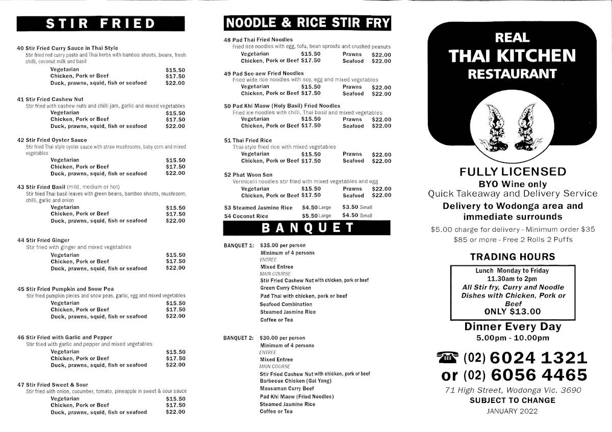 Menu at Real Thai Kitchen Restaurant, Wodonga