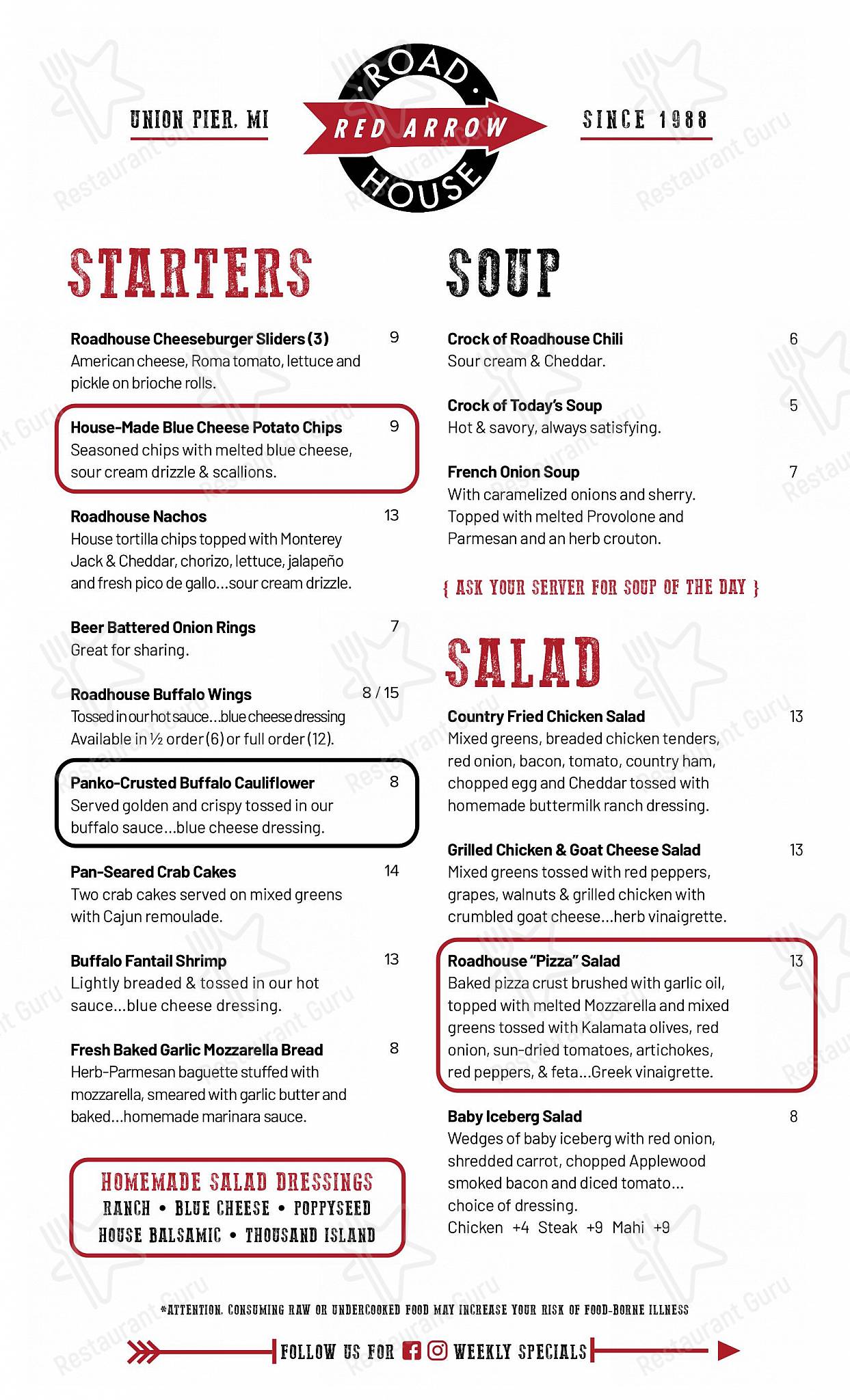 Menu at Red Arrow Roadhouse pub & bar, Union Pier