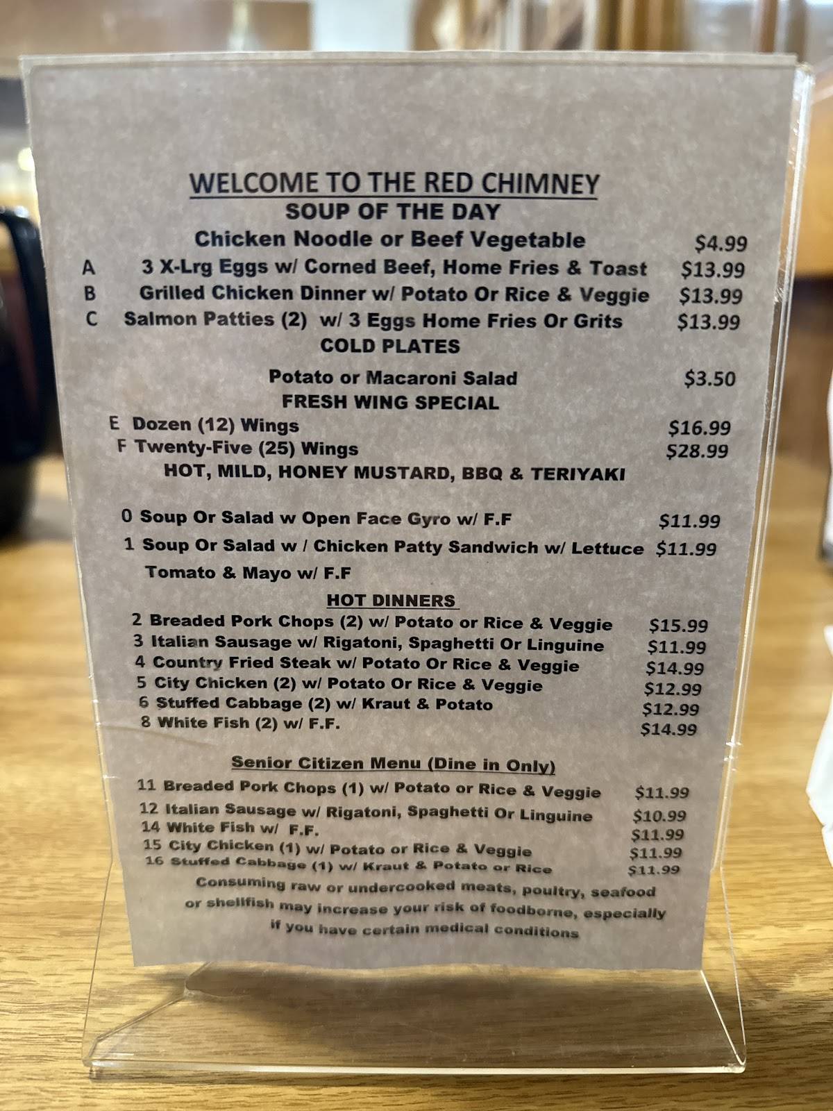 Menu at Red Chimney restaurant, Cleveland