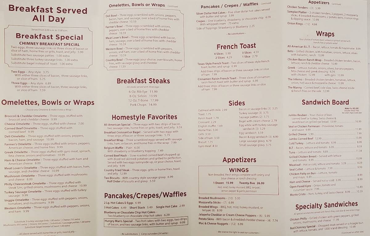 Menu at Red Chimney restaurant, Cleveland