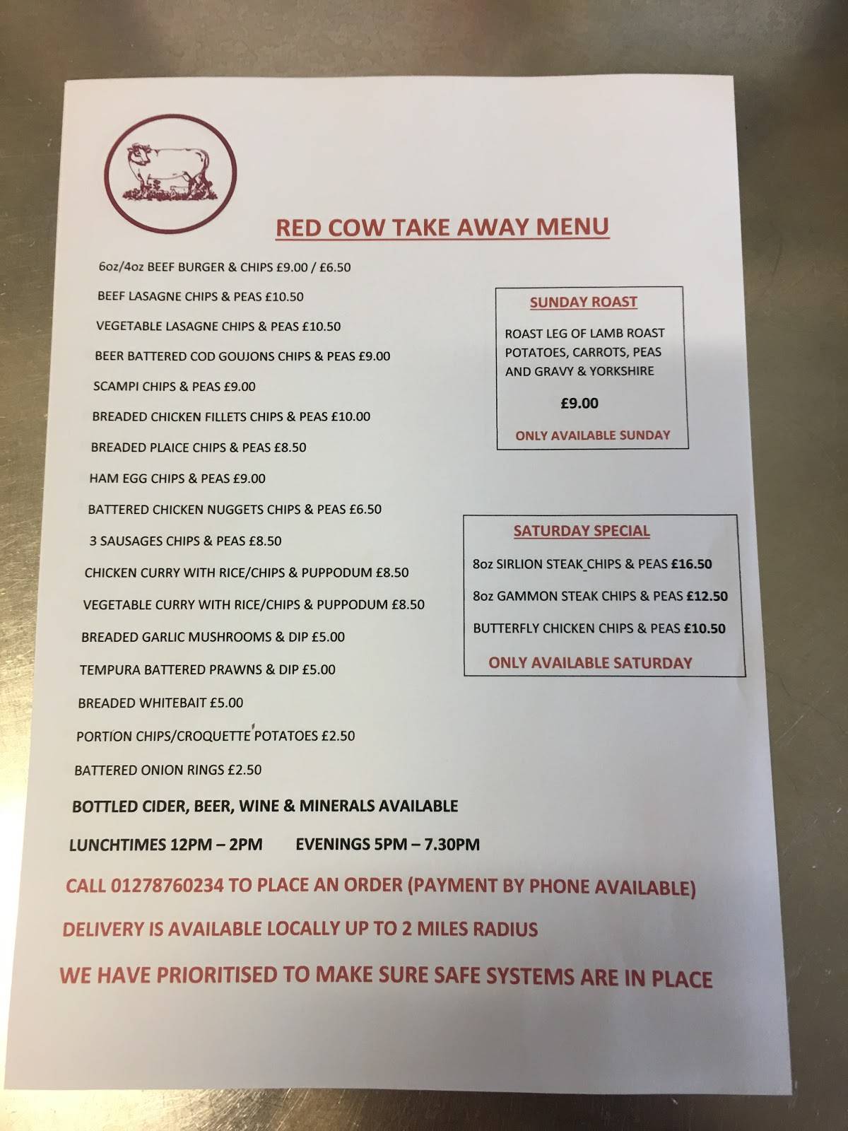 Menu at The Red Cow pub & bar, Highbridge
