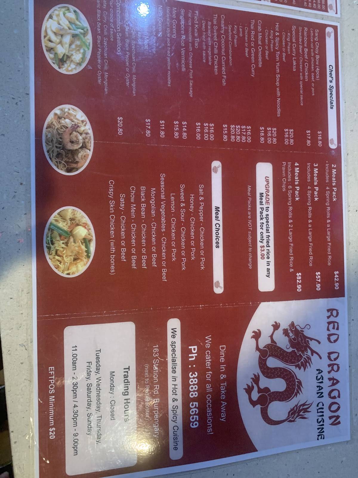 Menu at Red Dragon Asian Cuisine restaurant, Burpengary