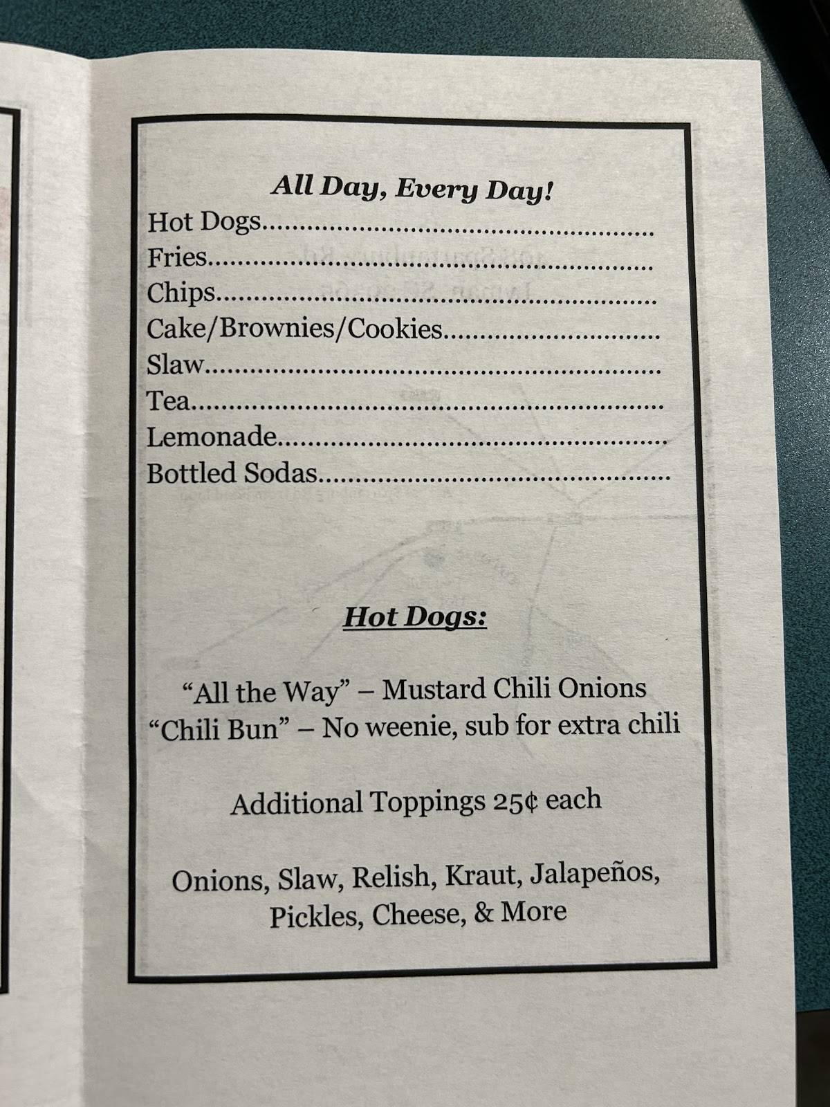 Menu at Red Hill Hot Dogs restaurant, Lyman