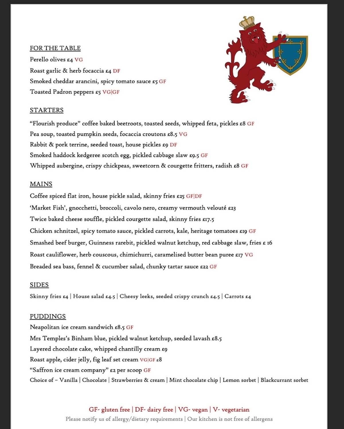 Menu at Red Lion pub & bar, Dullingham