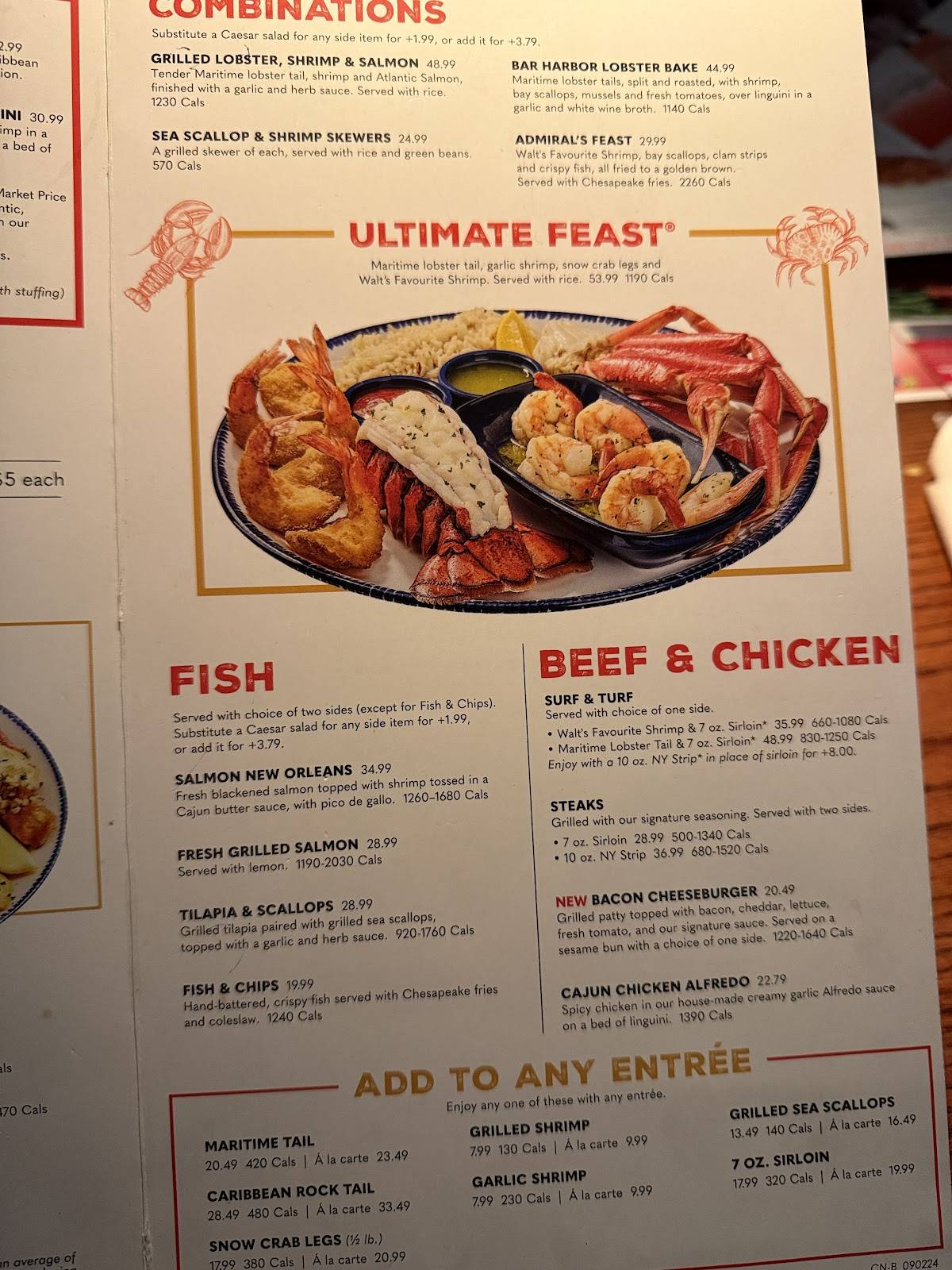 Menu at Red Lobster restaurant, Toronto, The Queensway