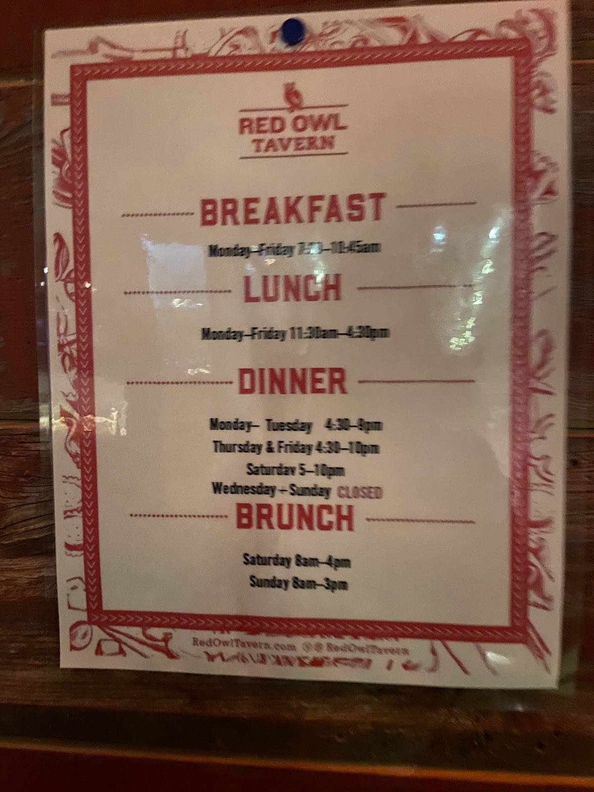 Menu at Red Owl Tavern restaurant, Philadelphia