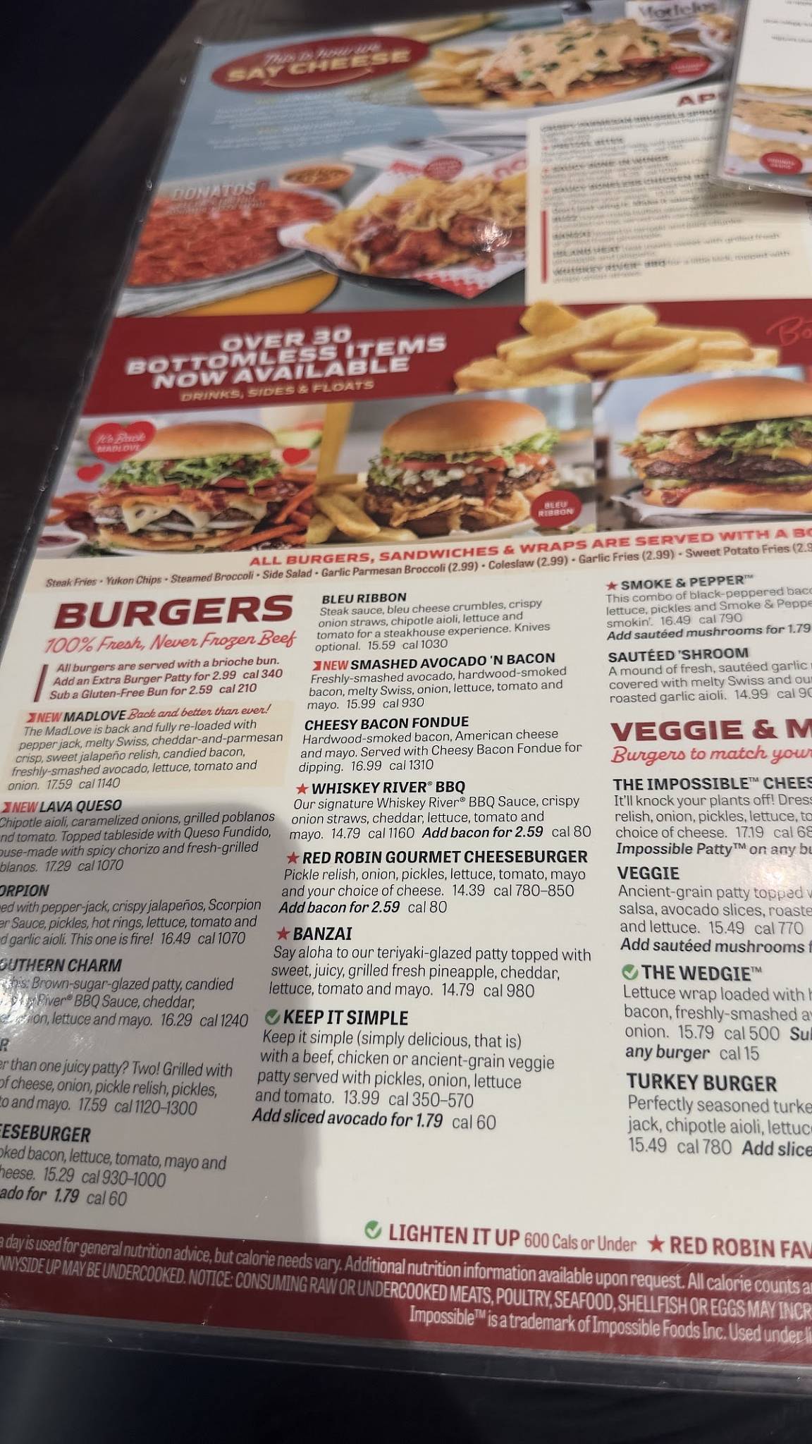 Menu at Red Robin Gourmet Burgers and Brews restaurant, Silverdale