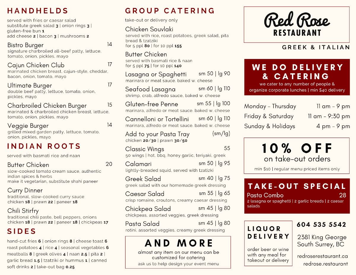 Menu at Red Rose Restaurant, Surrey, King George Blvd