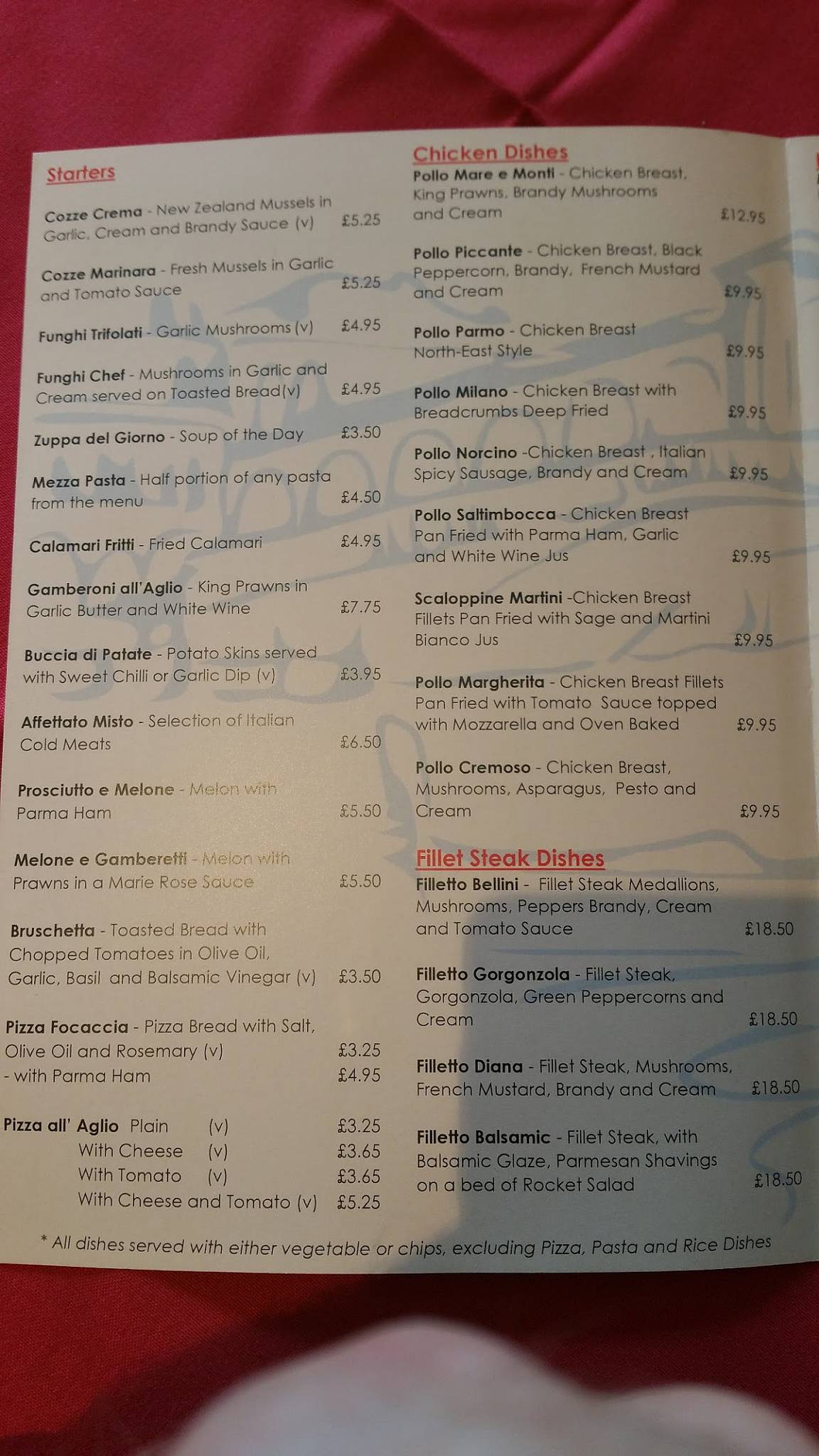 Menu at Italia restaurant, Redcar