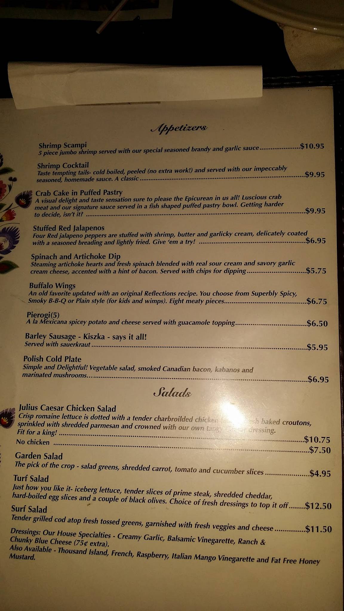 Menu at Reflections on Deep Lake restaurant, Lake Villa