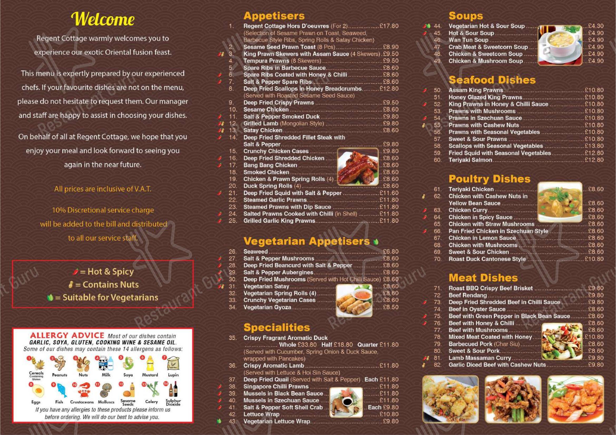 Menu at Regent Cottage restaurant, Hitchin
