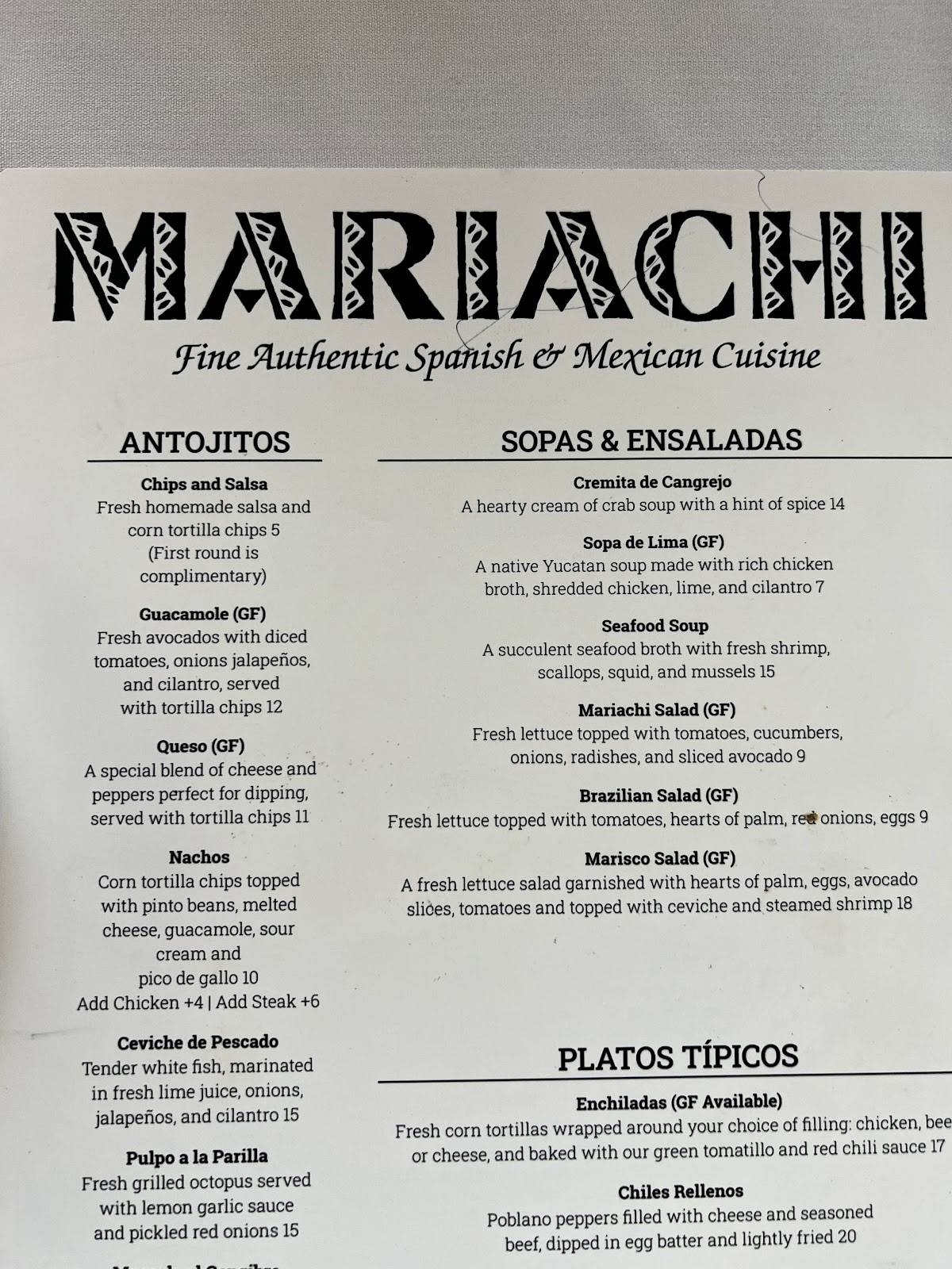 Menu at Mariachi Restaurant, Rehoboth Beach
