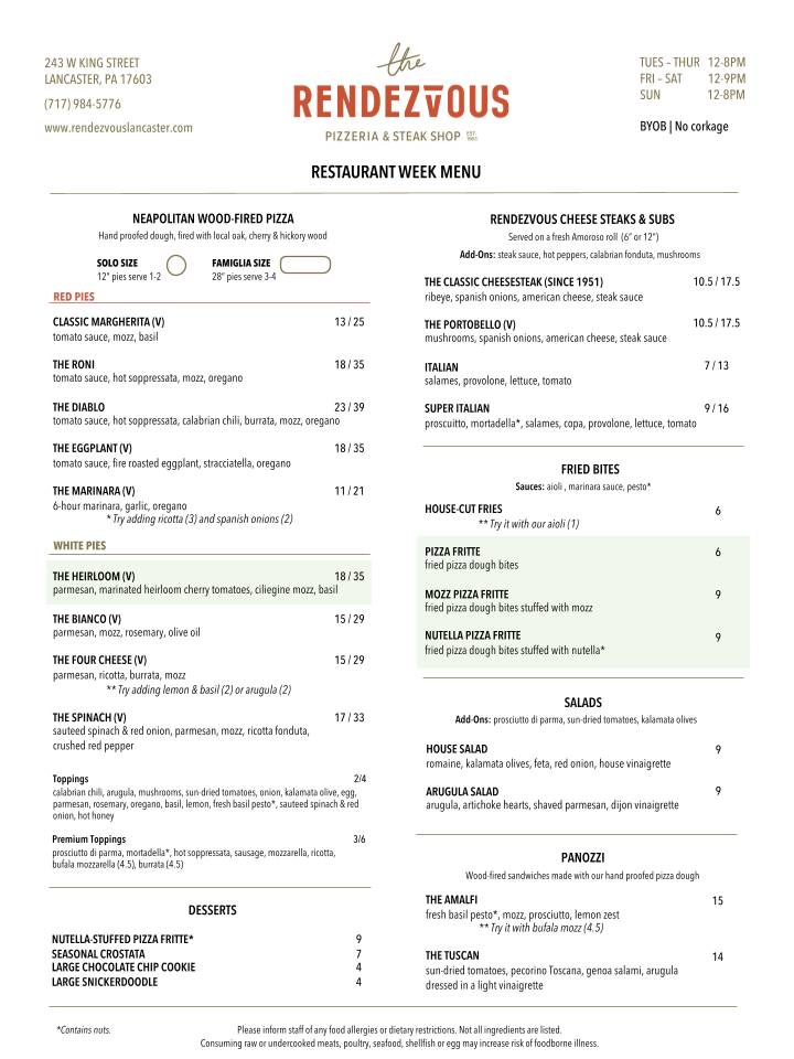 Menu at Rendezvous Pizzeria & Steak Shop, Lancaster