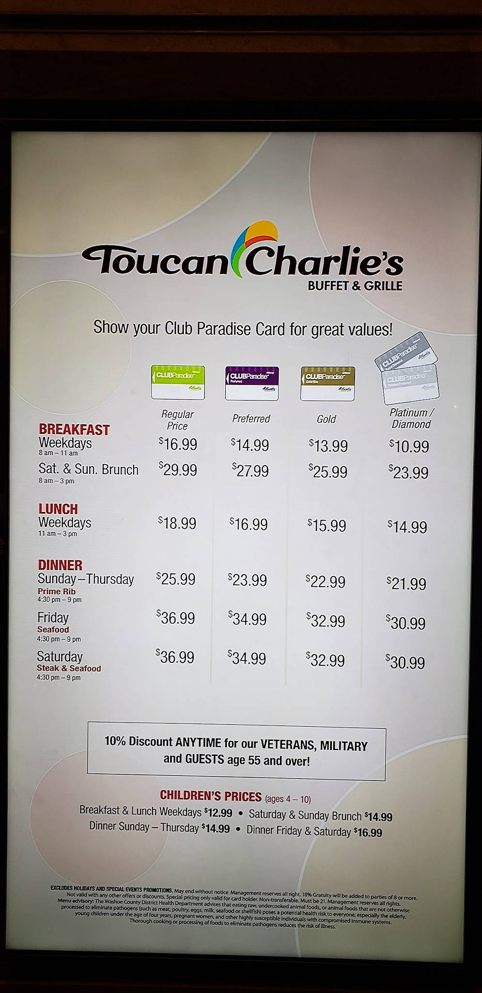 Menu at Toucan Charlie's Buffet & Grille restaurant, Reno, S Virginia St