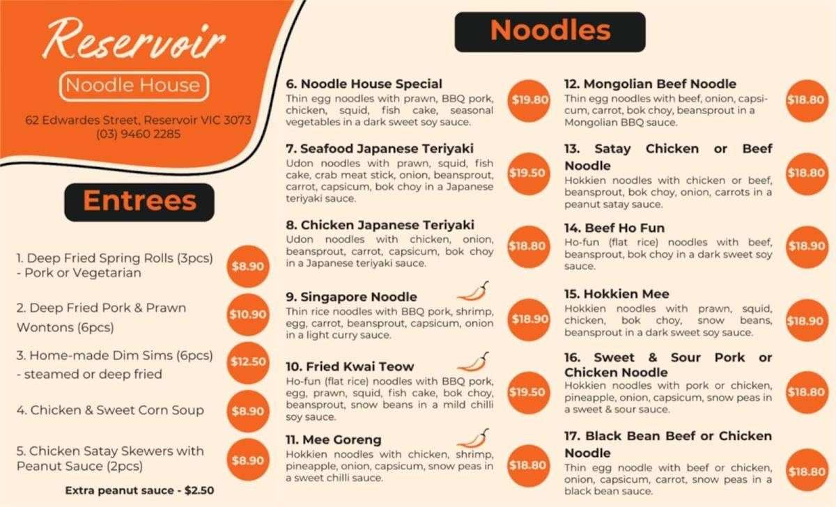 Carta del restaurante Reservoir Noodle House, Reservoir