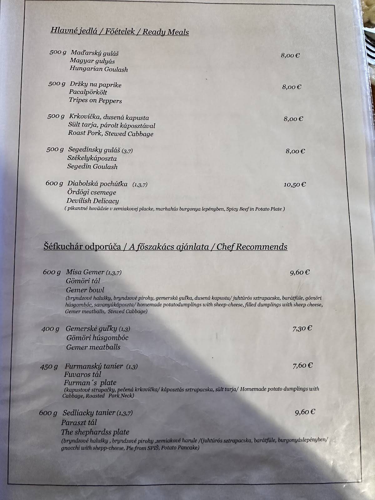Menu at Reštaurácia Koliba Soroška restaurant, Lipovník, Soroška