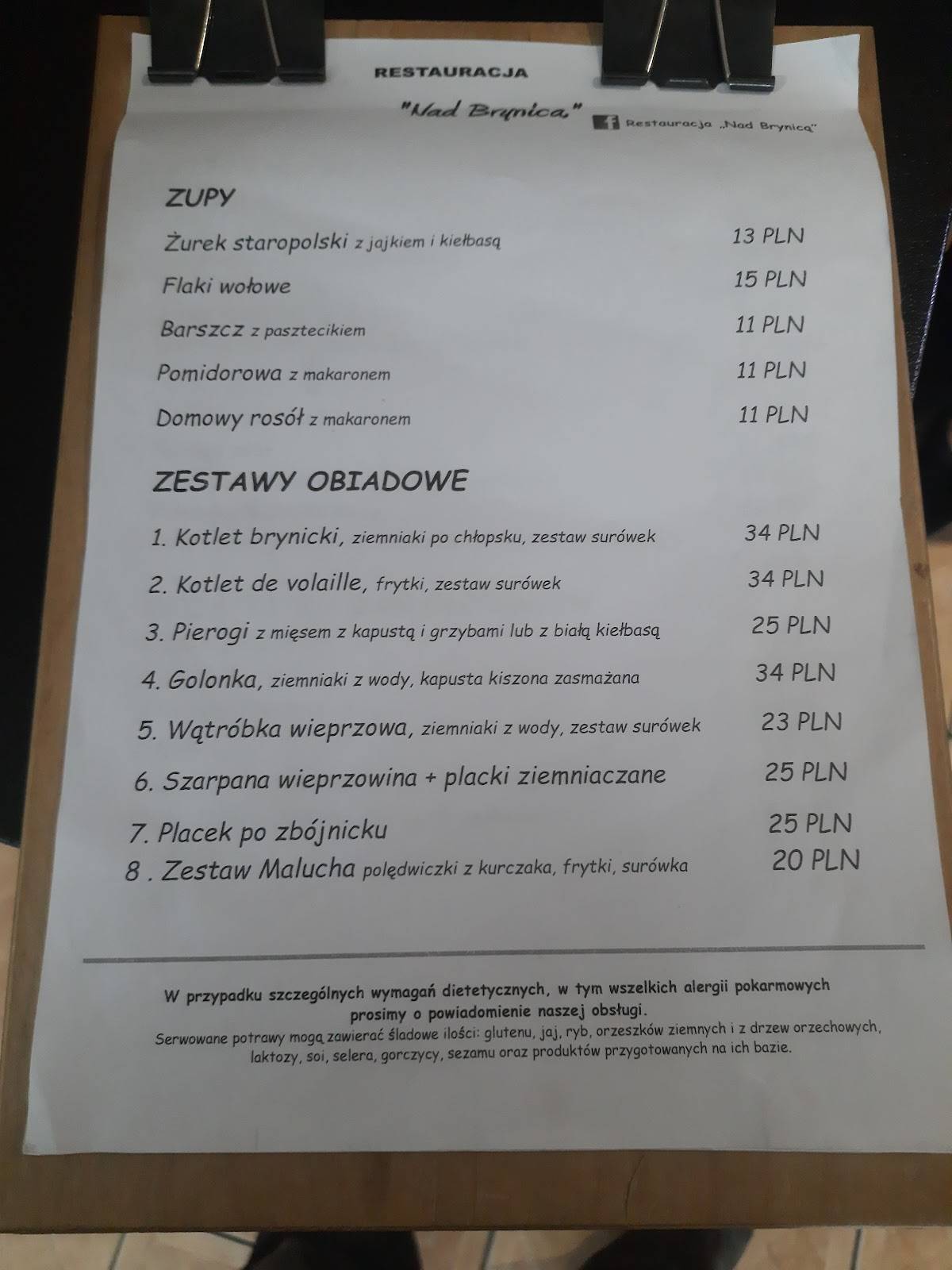 Menu at Restauracja "Nad Brynicą" restaurant, Poland