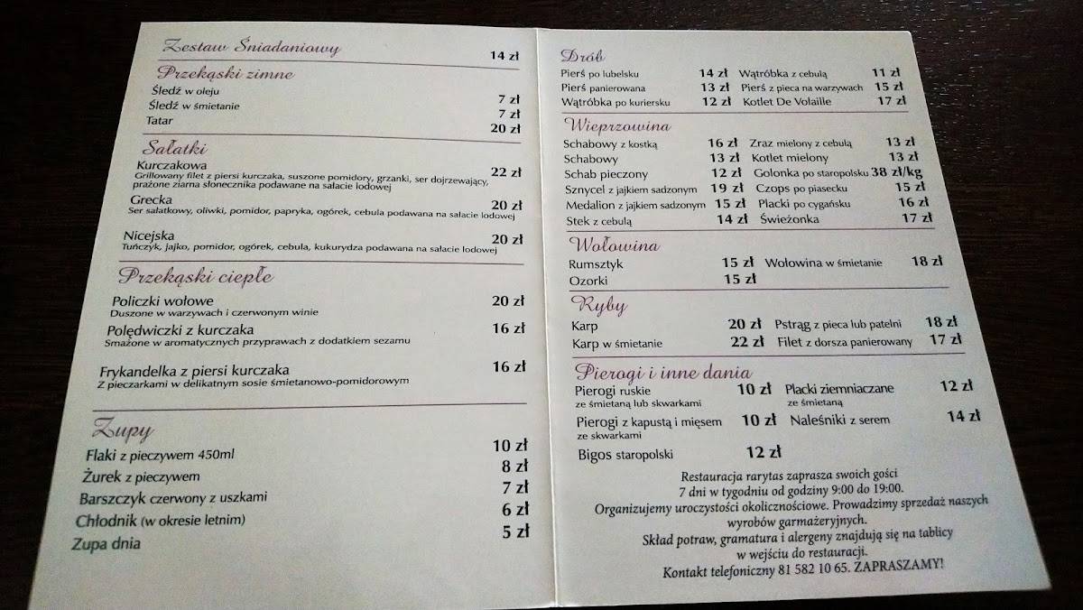 Menu at Restauracja "Rarytas" restaurant, Piaski