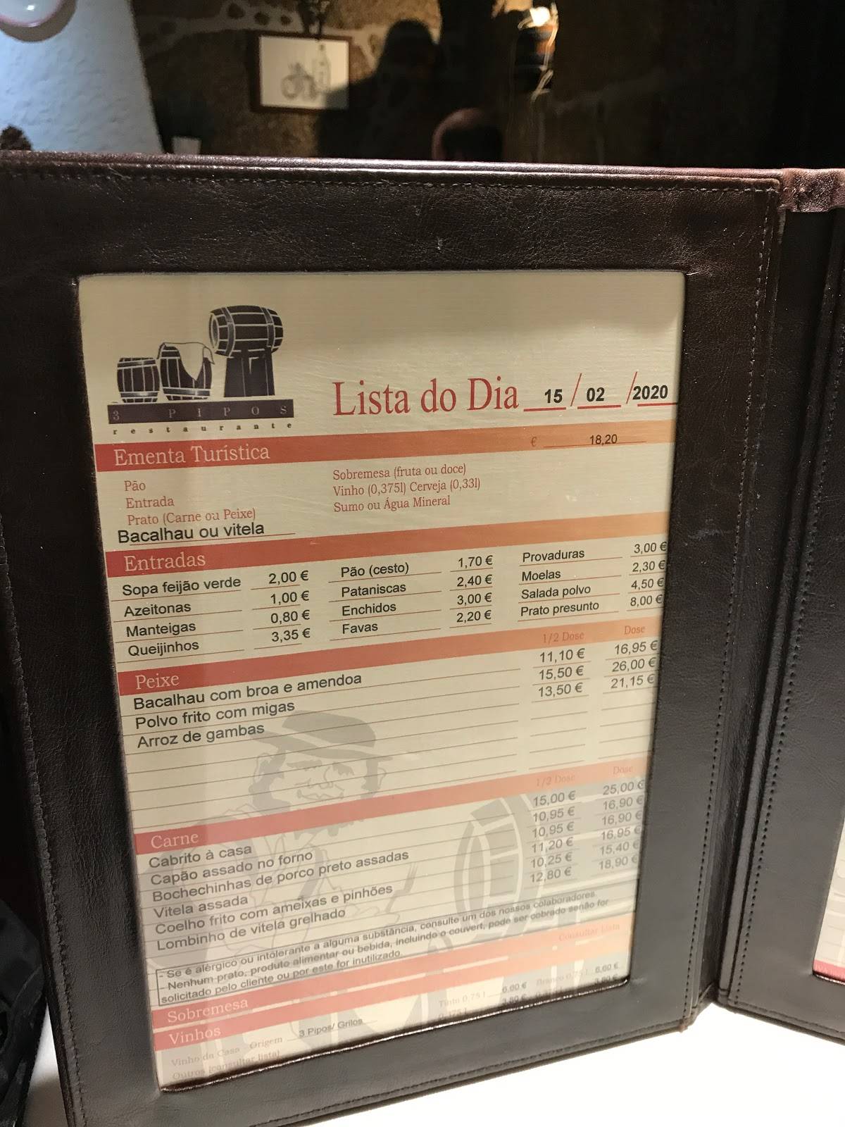 Menu em 3 Pipos restaurante, Tondela