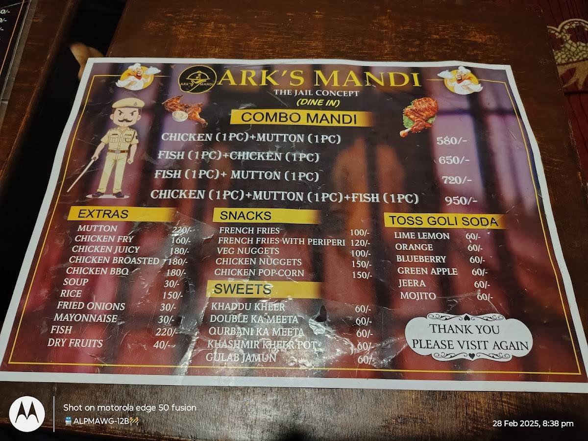 Menu at ARKS ARABIAN MANDI ( THE JAIL CONCEPT ), Hyderabad
