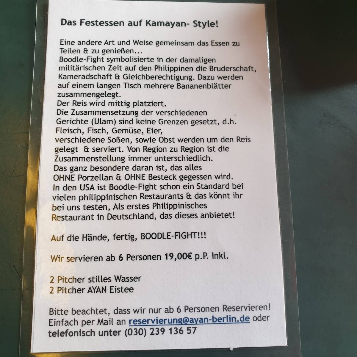 Carta del restaurante AYAN filipino streetfood, Berlin