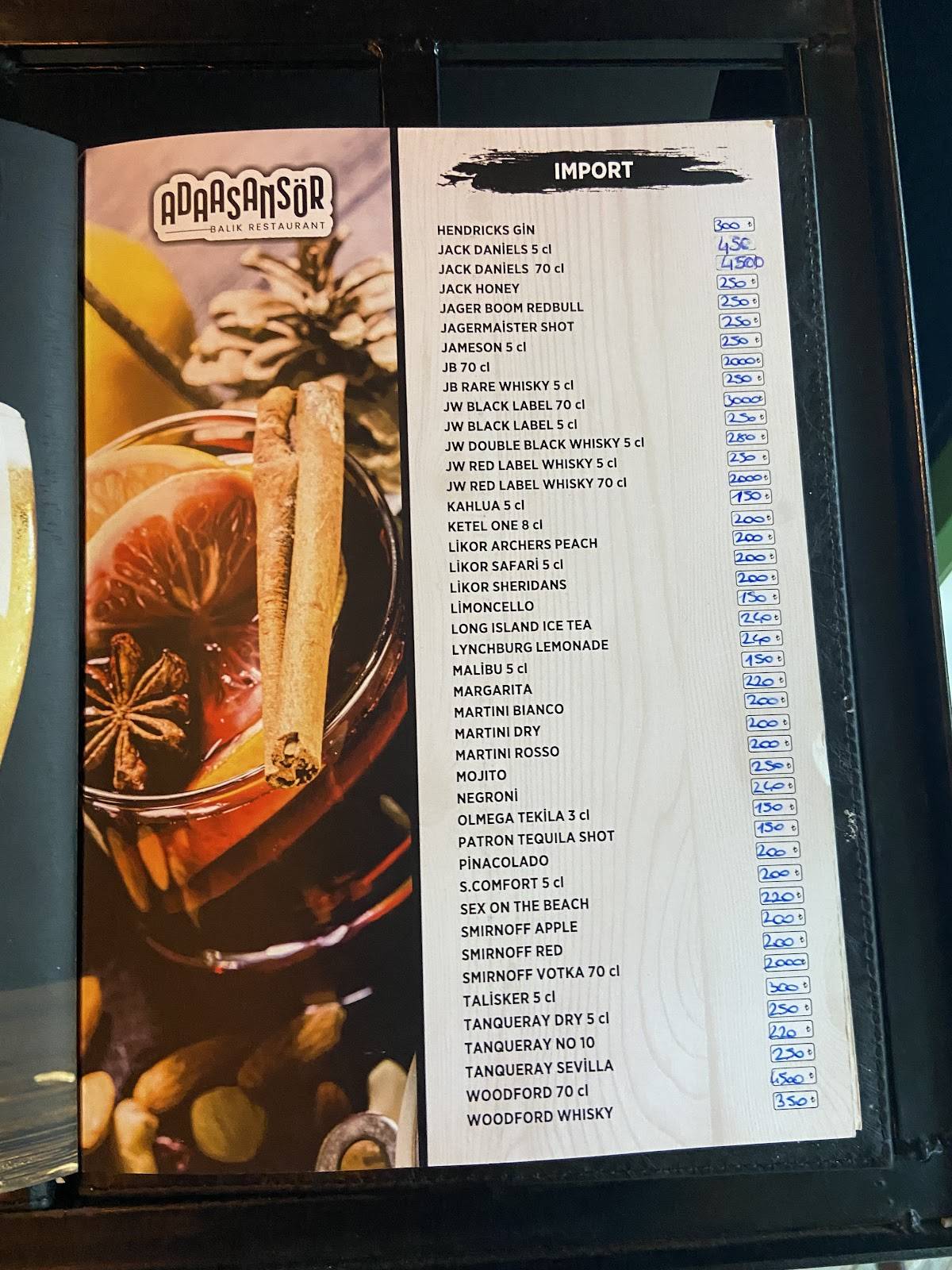 Menu at Ada Asansör Balık Restaurant, Kusadasi
