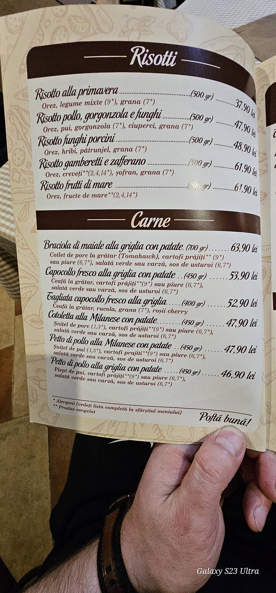 Menu at Al Caminetto, Timișoara