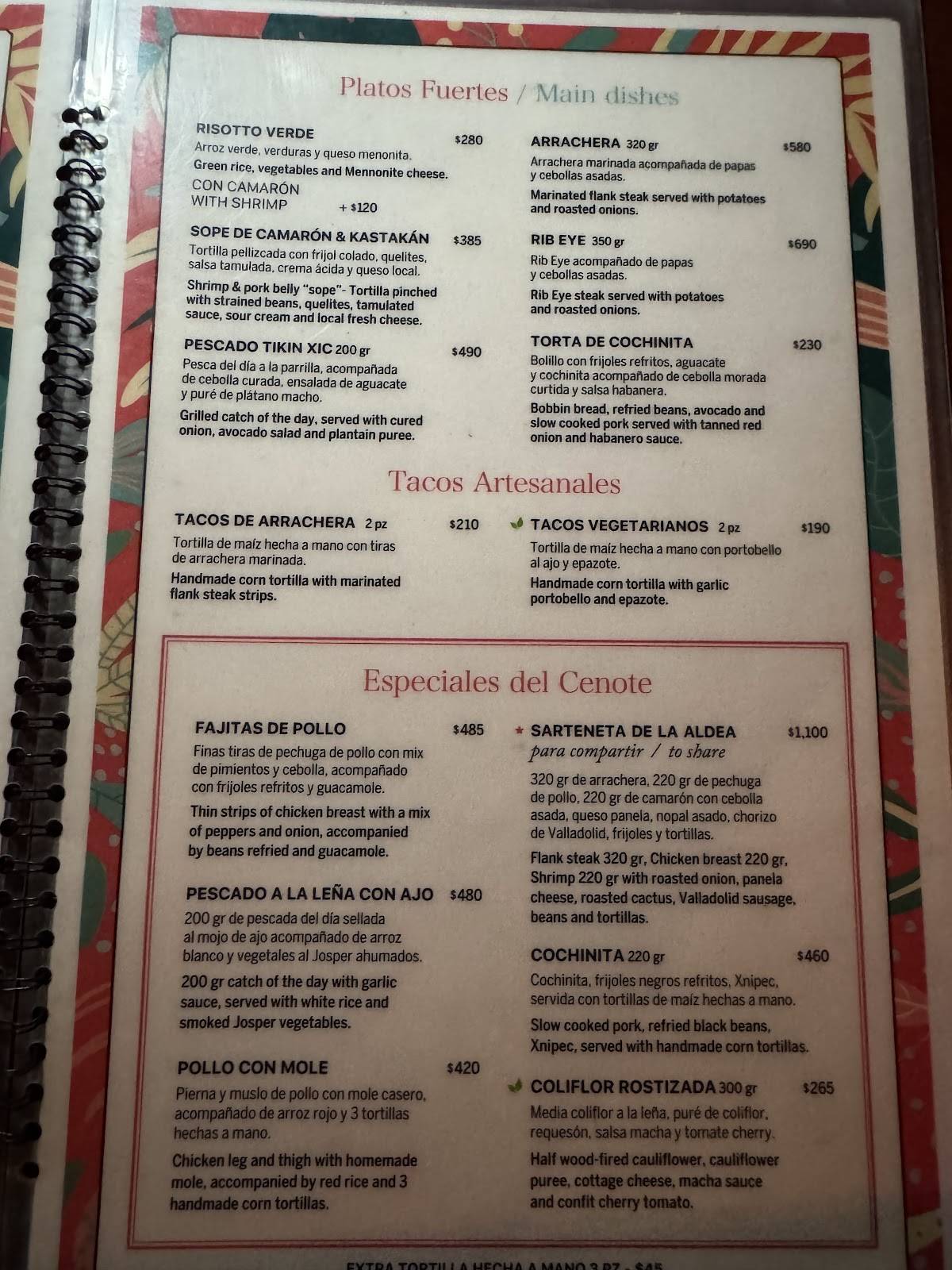 Menu at Aldea Corazón restaurant, Playa del Carmen, 5 Av. Nte. 5