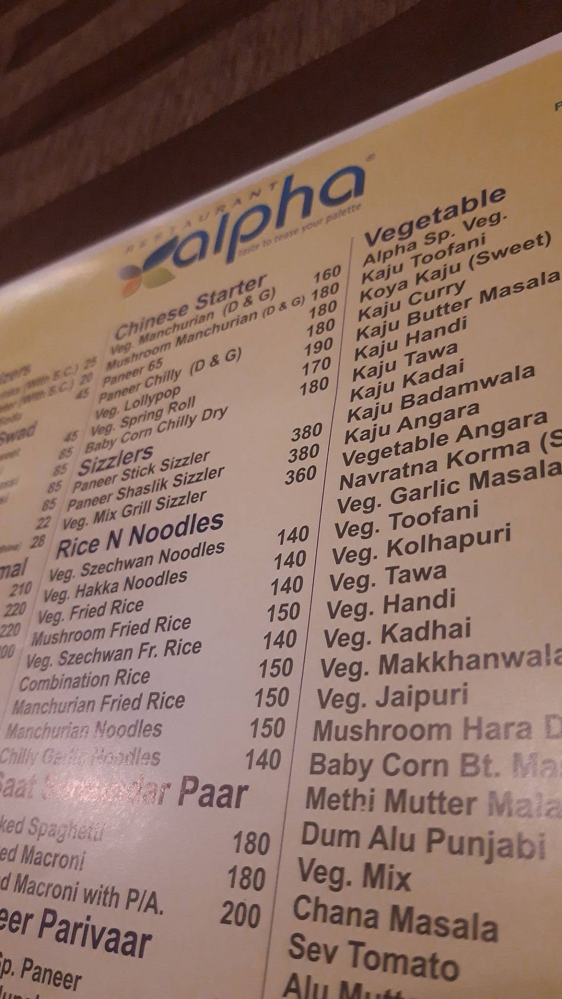 Menu at Alpha Restaurant, Anand