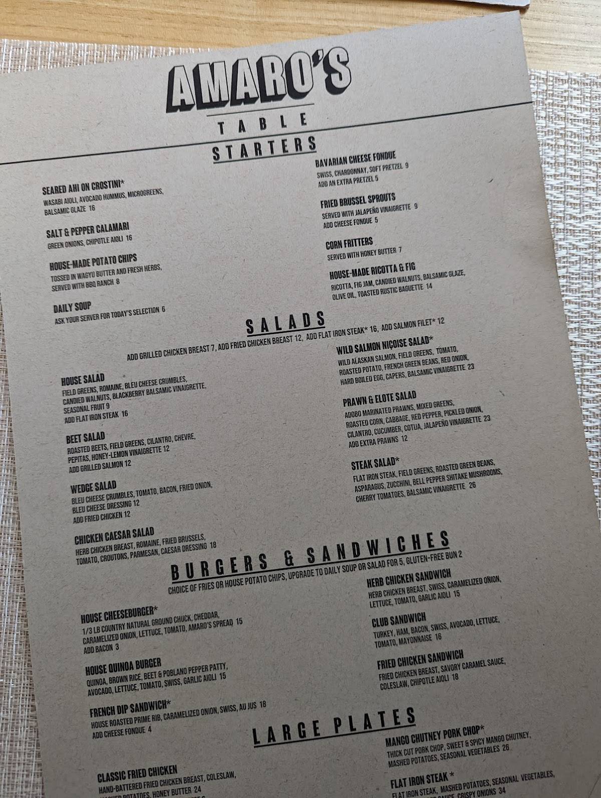 Menu at Amaro's Table Hazel Dell restaurant, Vancouver