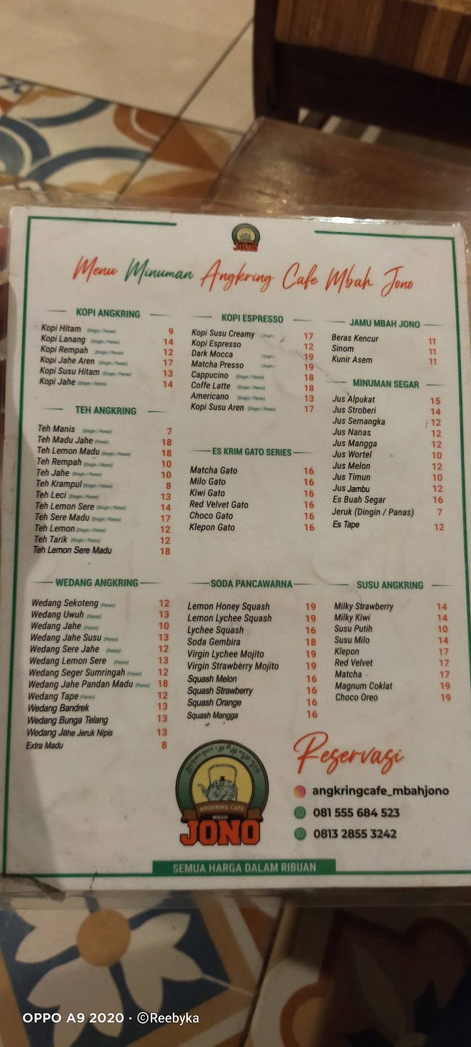 Menu at Angkring Cafe Mbah Jono, Blitar