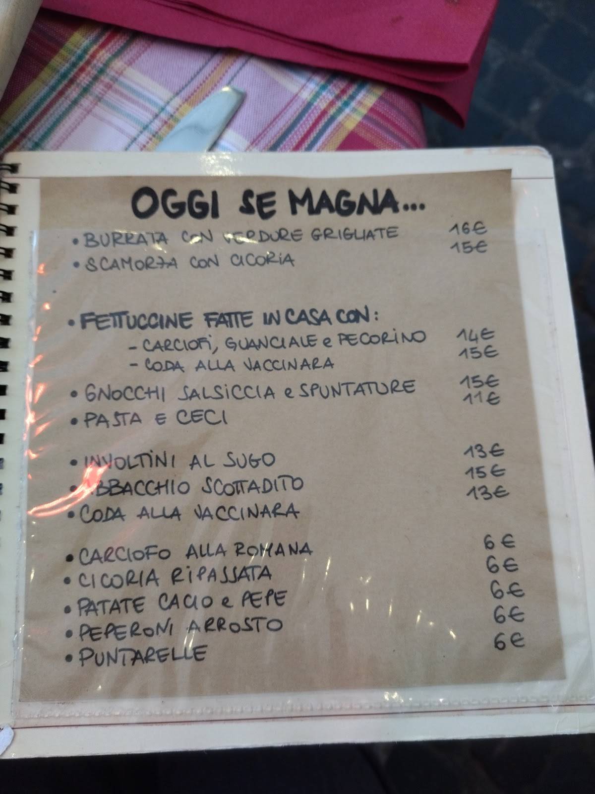 Menu at Antica Hostaria Romanesca restaurant, Rome