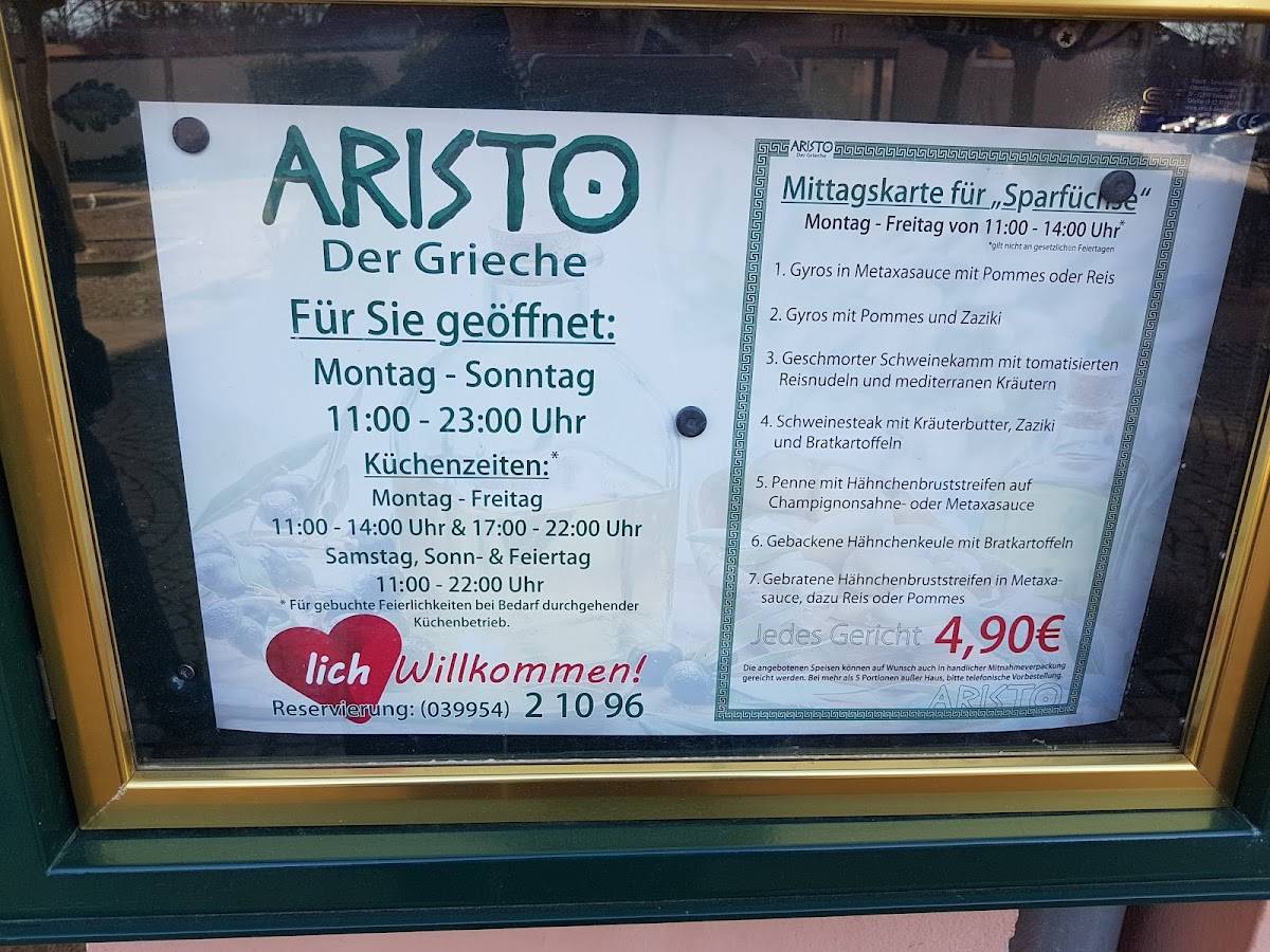 Speisekarte von Restaurant "Aristo" im Hotel Kutzbach, Stavenhagen
