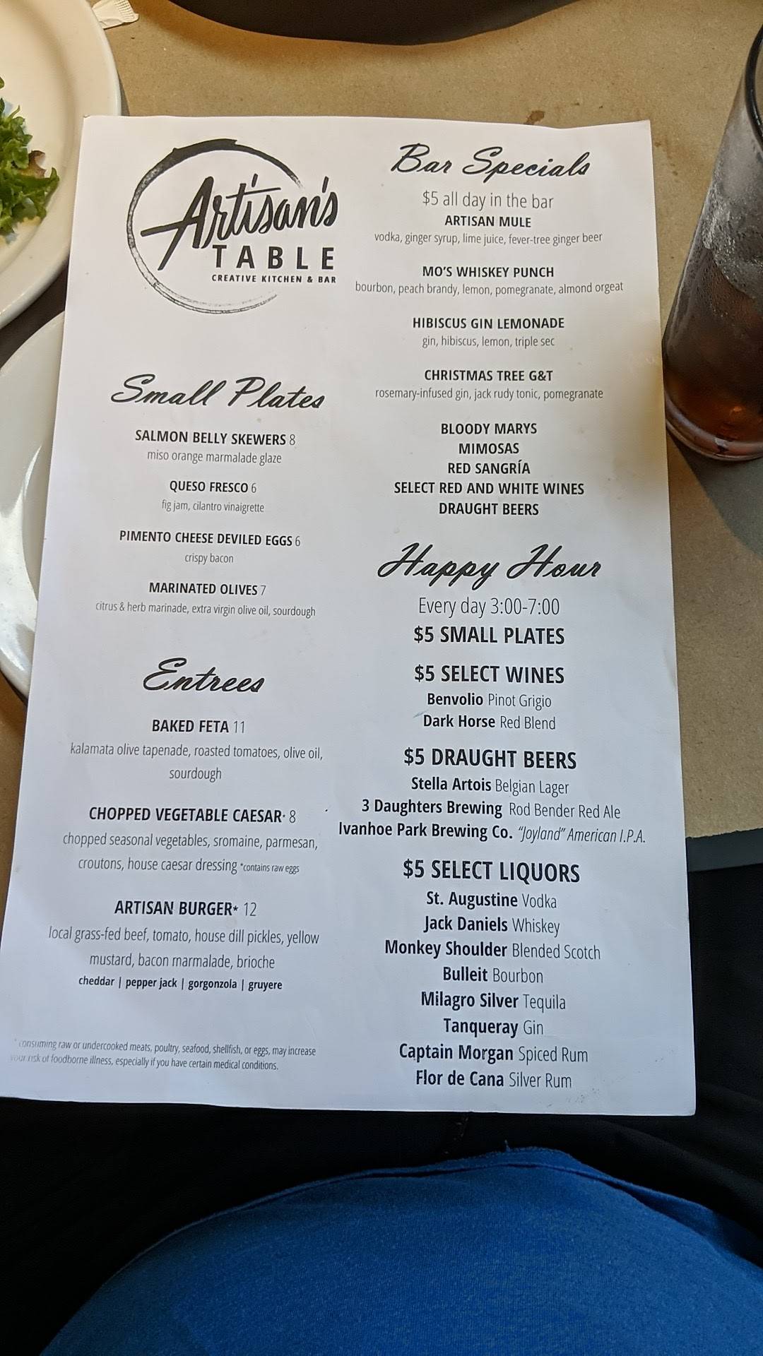 Menu at Artisan's Table restaurant, Orlando