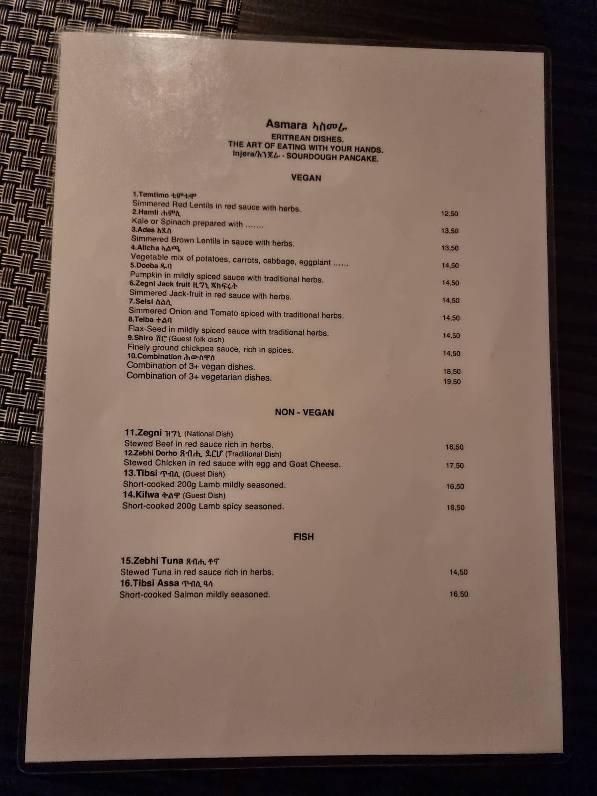 Menu at Restaurant Asmara, Amsterdam