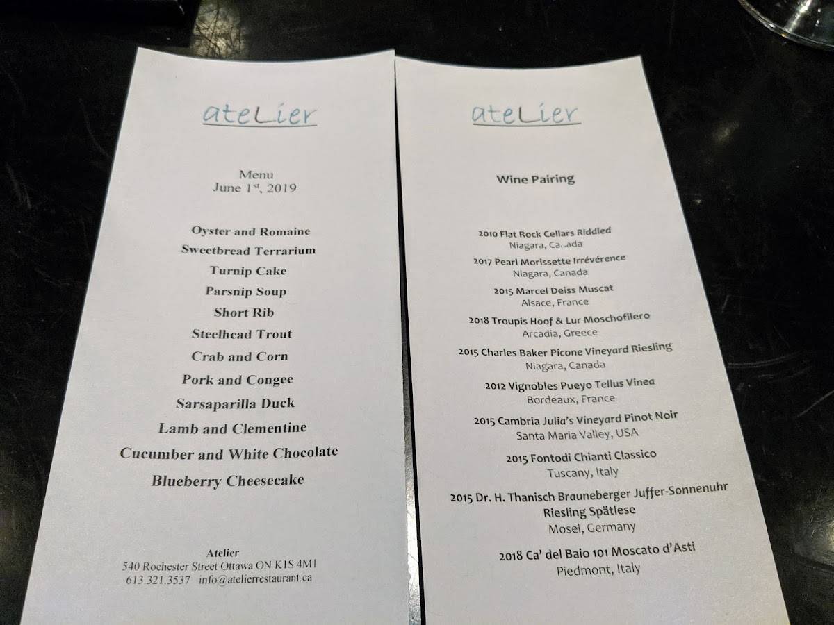 Menu at Atelier restaurant, Ottawa