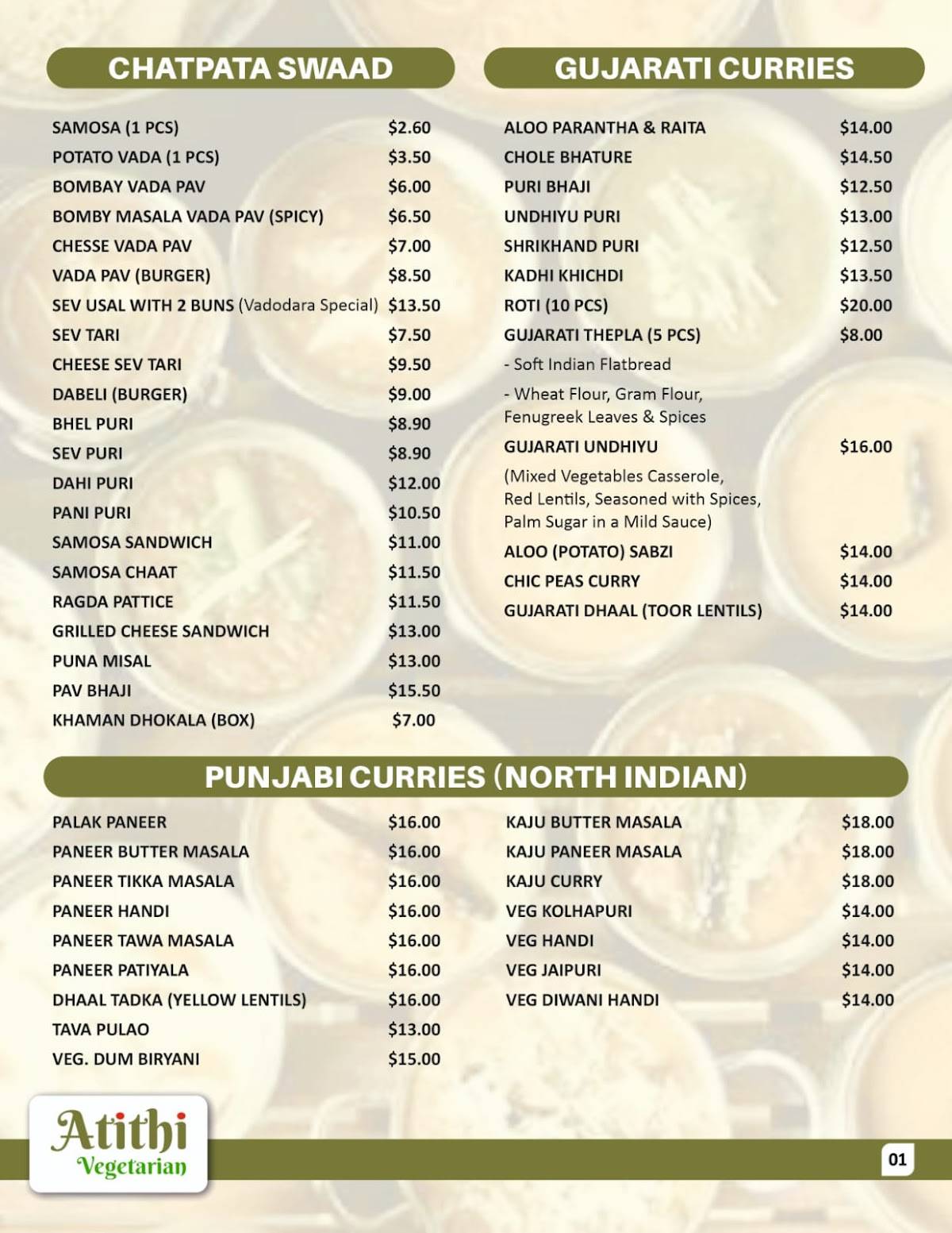 Menu at Atithi-Vegetarian restaurant, Auckland