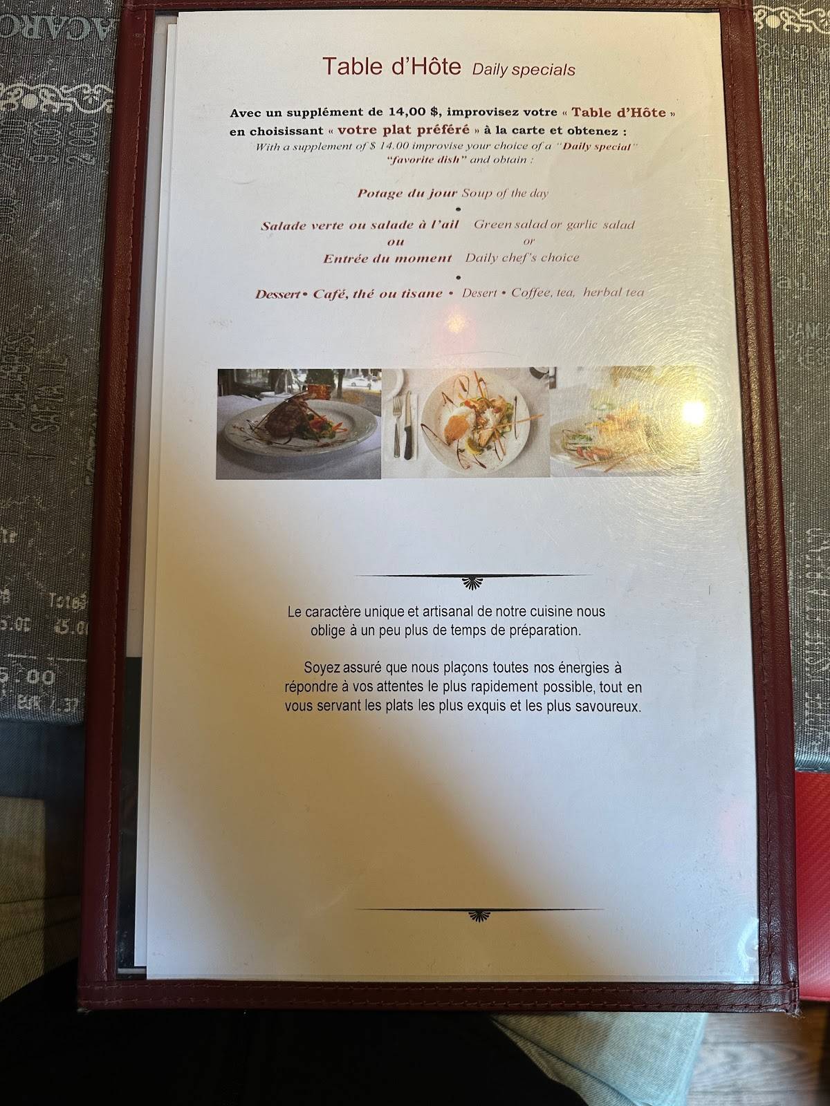 Carta de Restaurant Au Four à Bois, Trois-Rivières