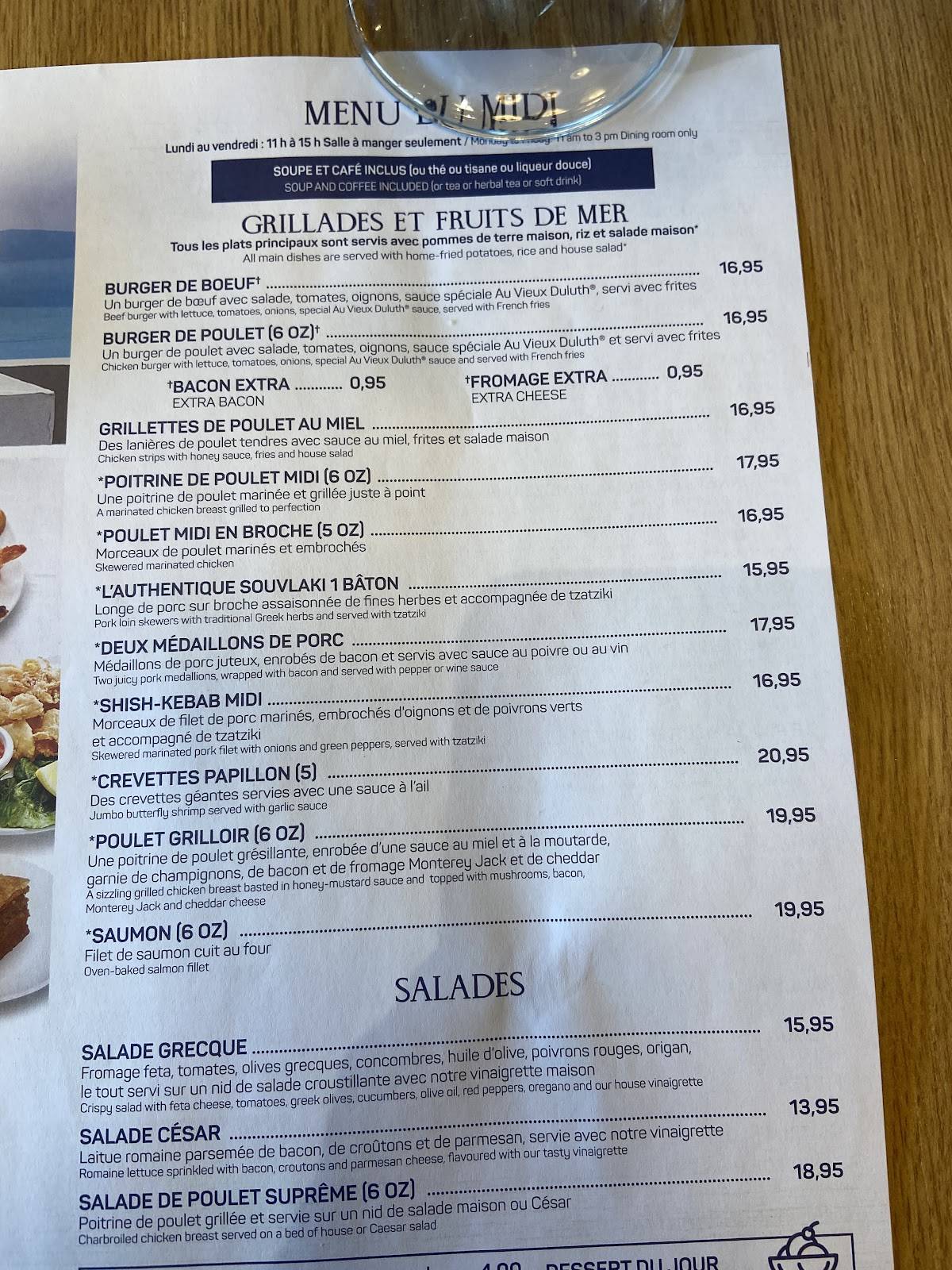Menu au Restaurant Au Vieux Duluth, Saguenay
