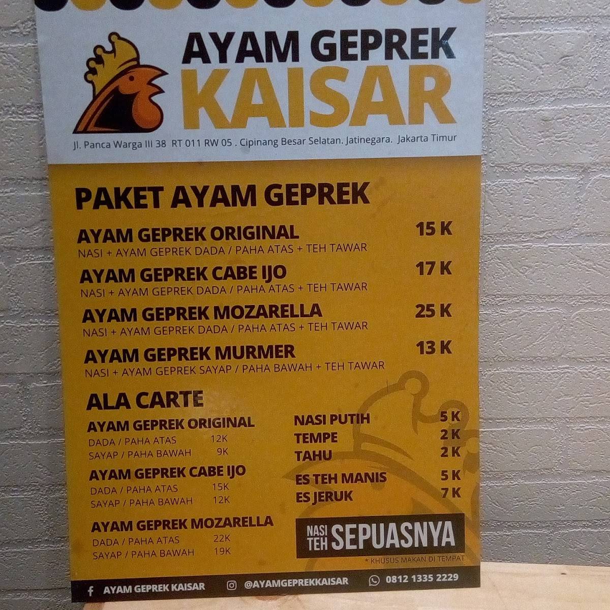 Menu at Ayam Geprek Kaisar restaurant, East Jakarta
