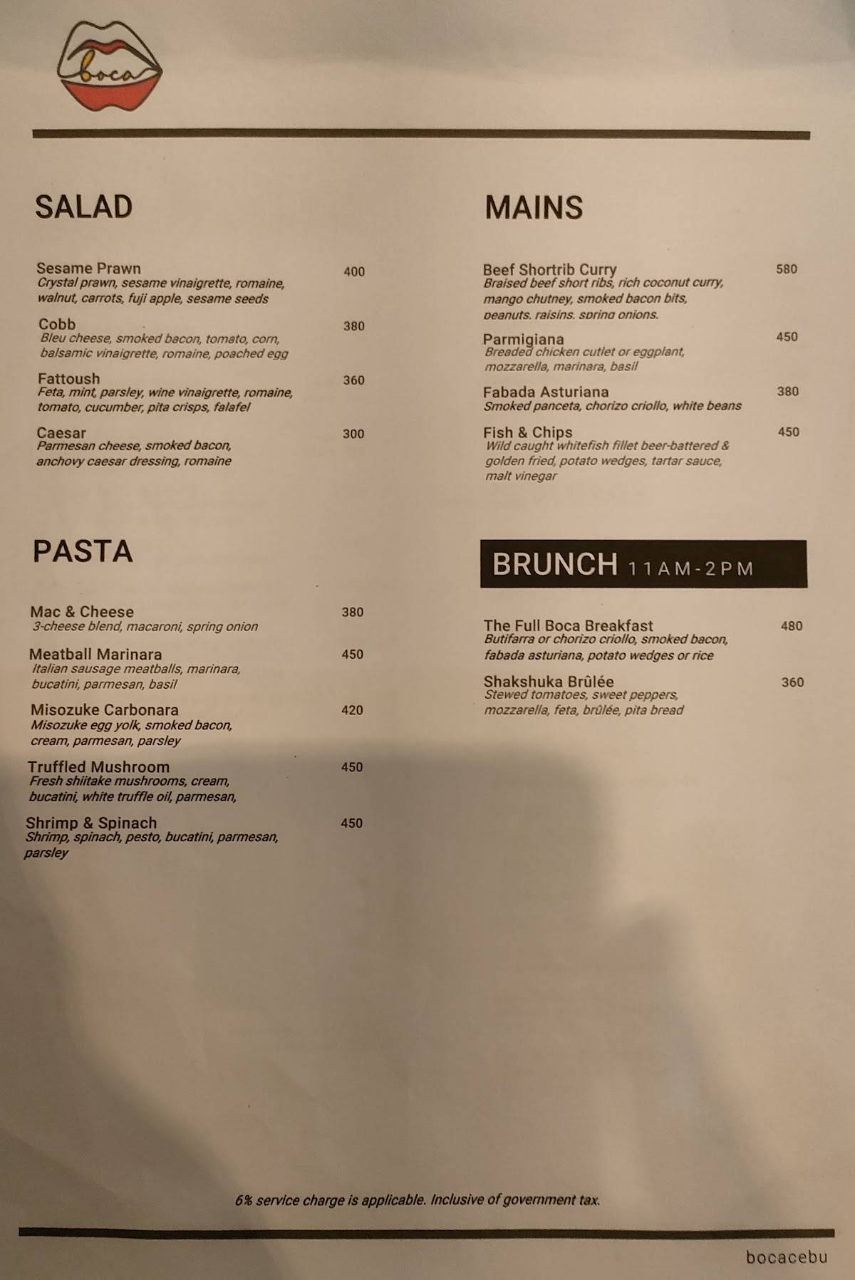 Menu at BOCA restaurant, Mandaue City