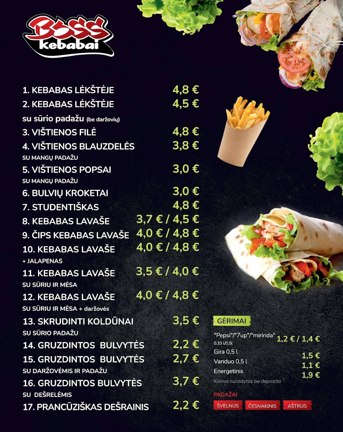 Menu at BOSS kebabai restaurant, Ukmergė, Anykščių g. 4