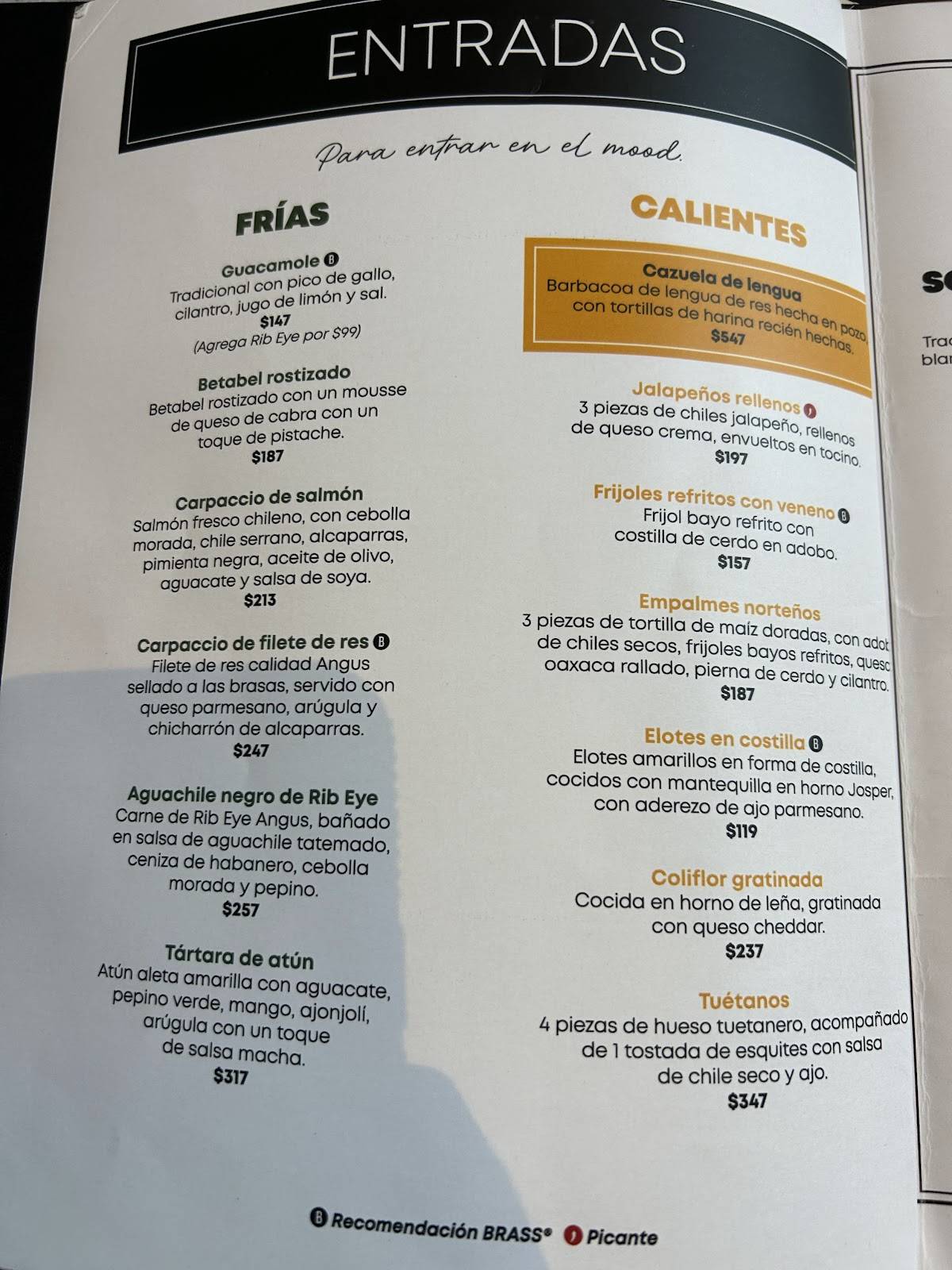 Carta del restaurante BRASS Cancún, Cancún